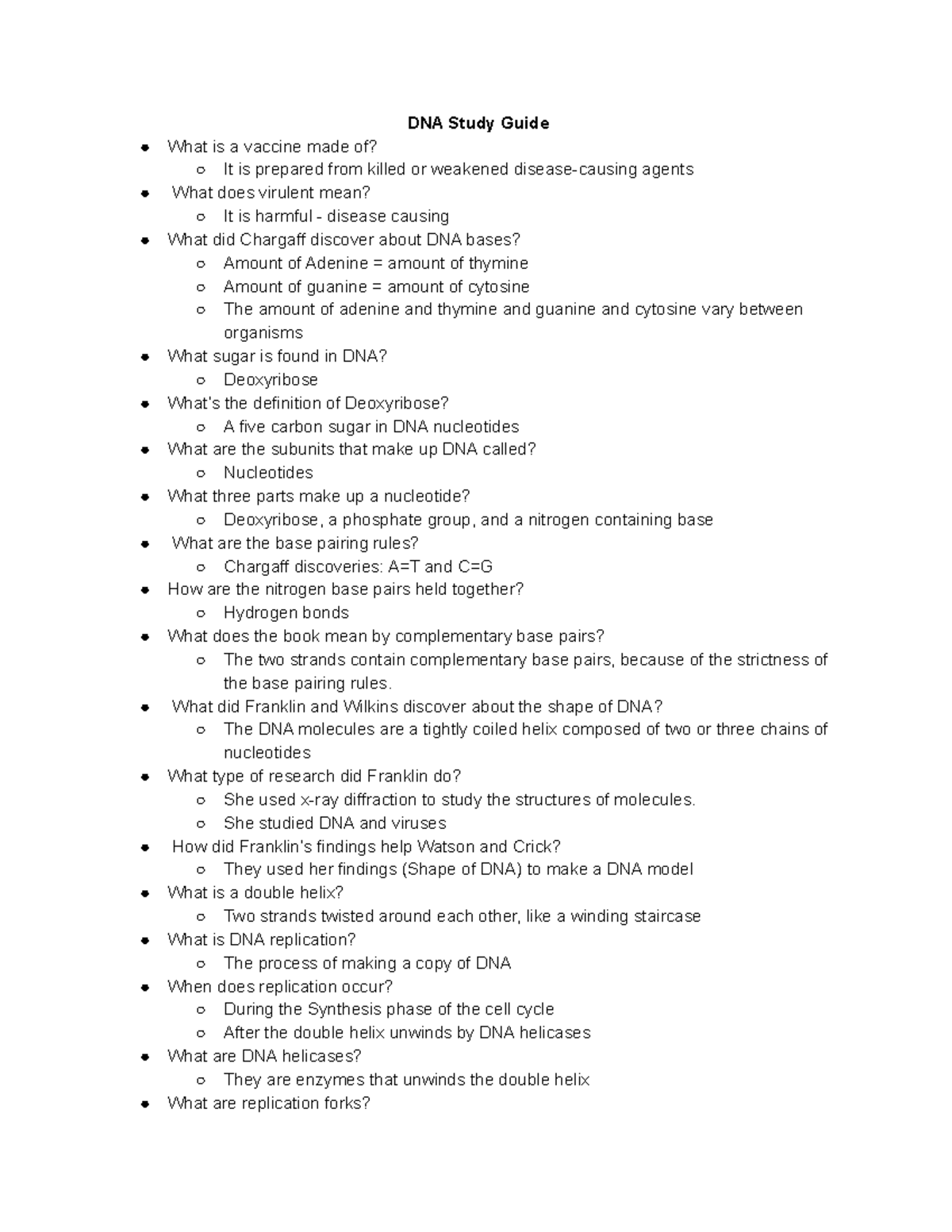 DNA study Guide with Answers - DNA Study Guide What is a vaccine made ...