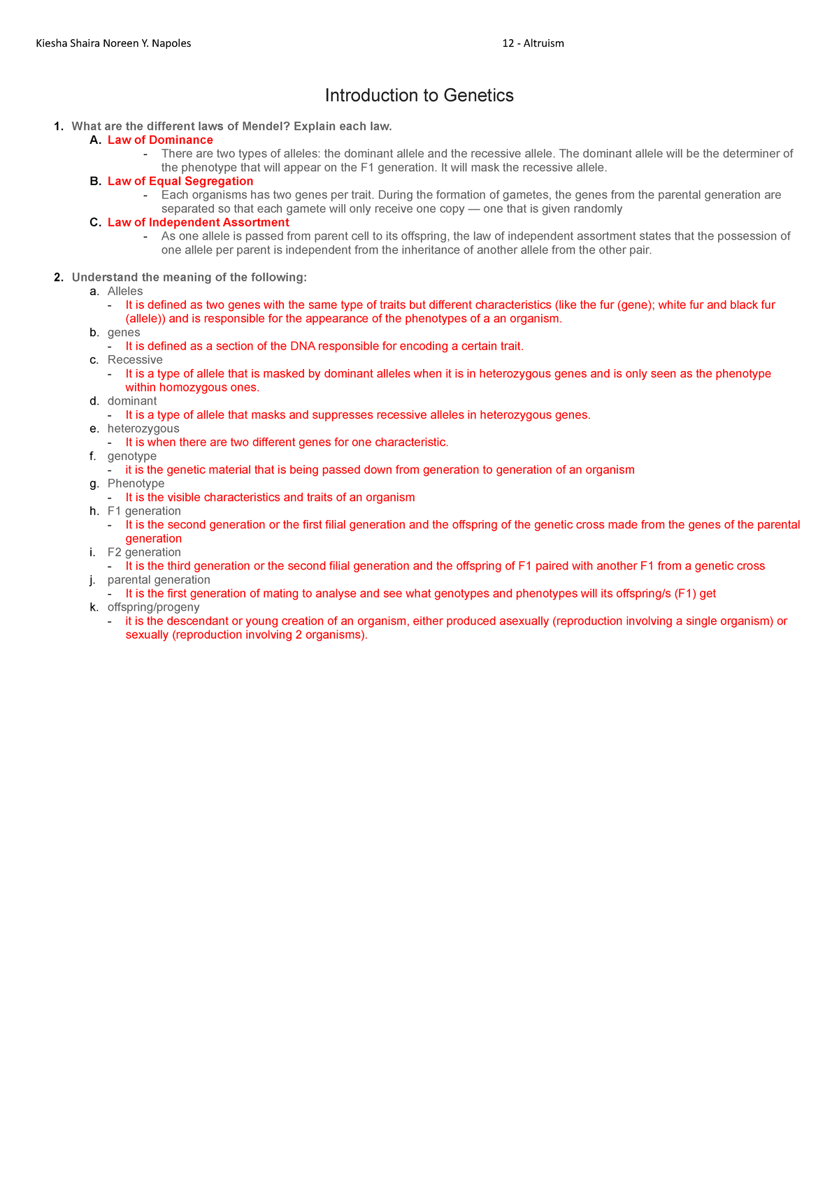 Assignment Introduction to Genetics - Kiesha Shaira Noreen Y. Napoles ...