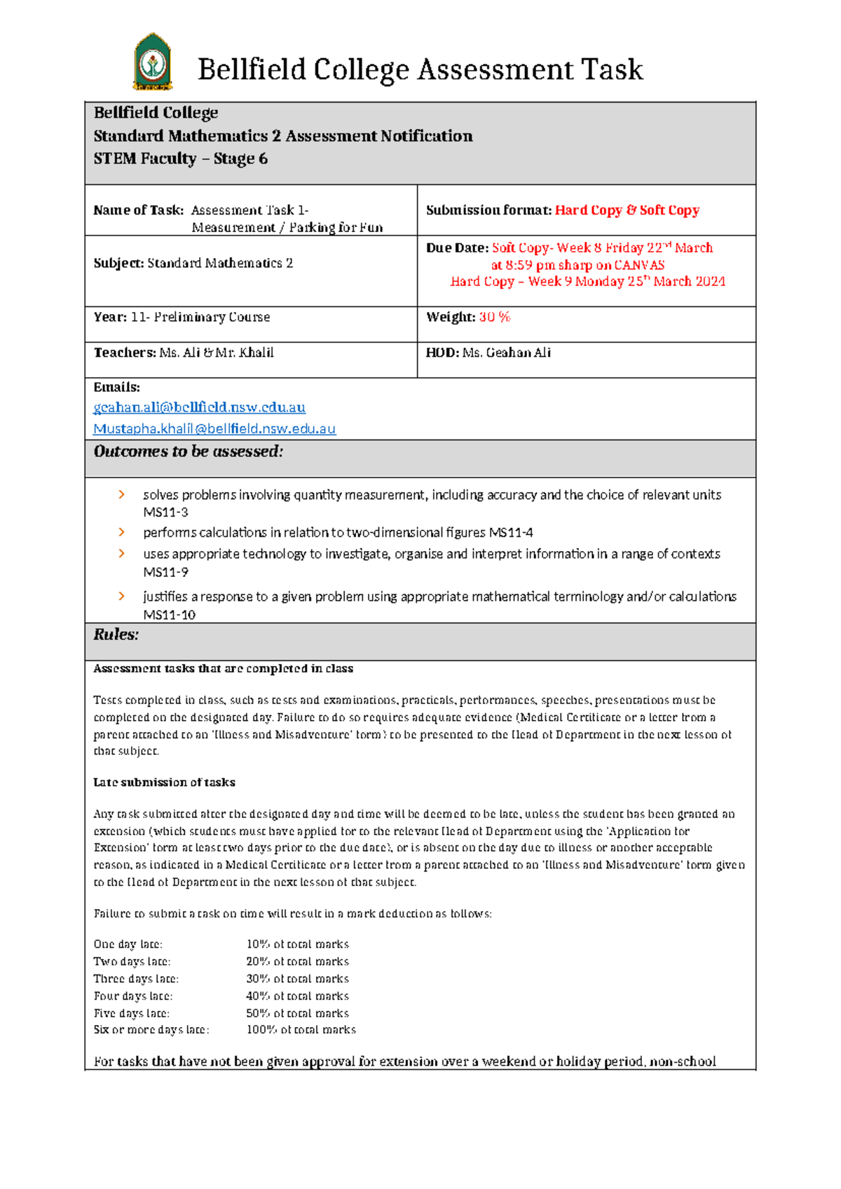 Assessment Task 1- AT1 Notification - Bellfield College Assessment Task ...