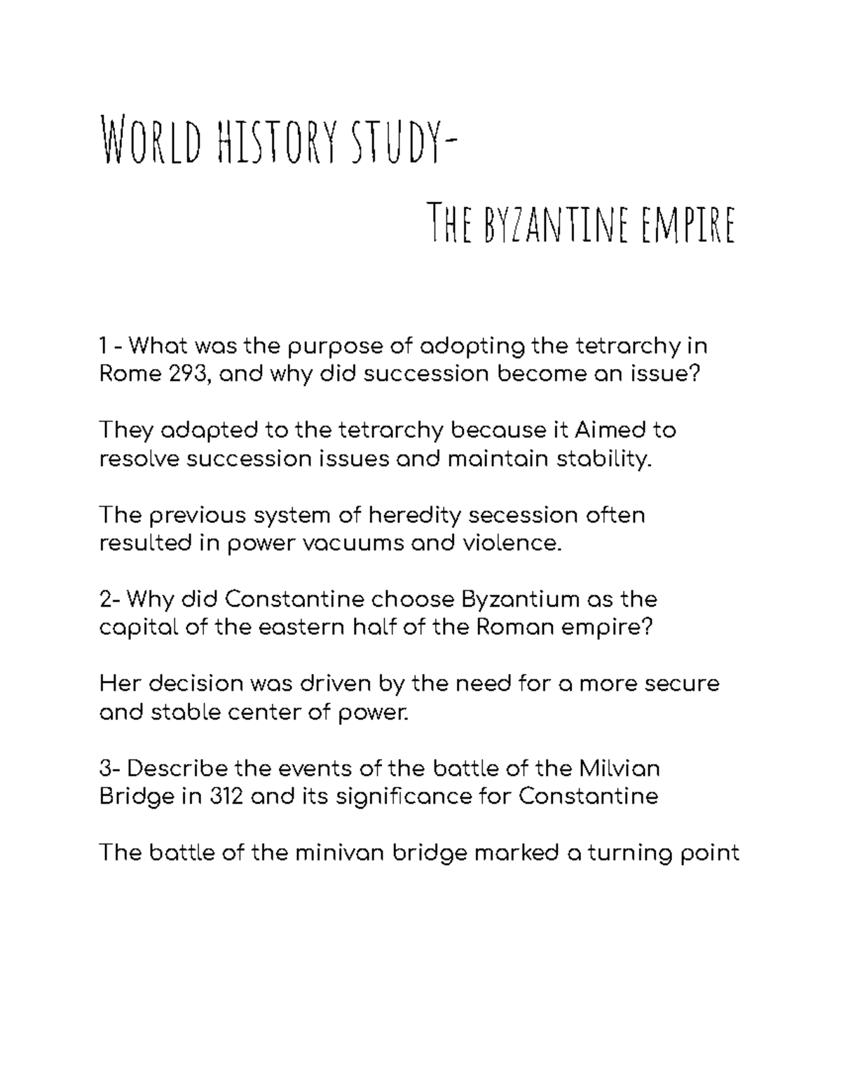 World history notes - World history study- The byzantine empire 1 ...