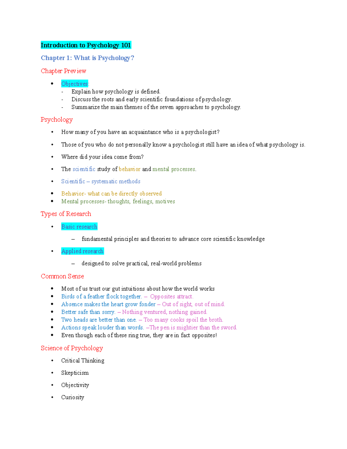 Psych Notes Ch. 1 - hansen, spring 23 - Introduction to Psychology 101 ...