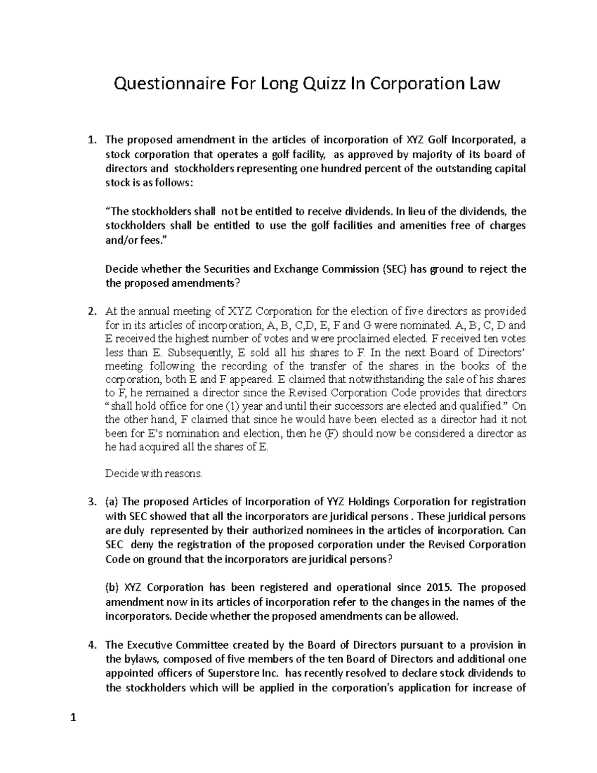 Corporation Law Quiz 1 - Quiz on Corpo Law - Questionnaire For Long ...