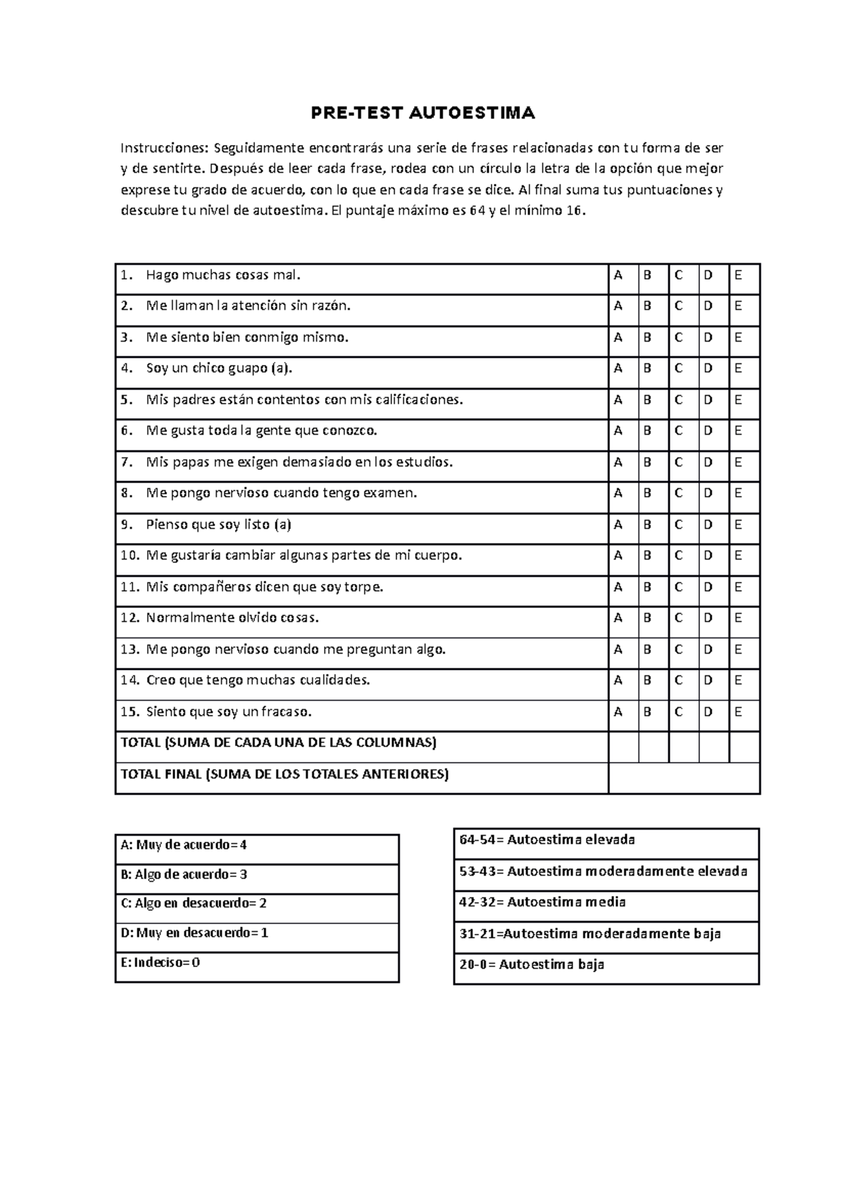 Pre-test autoestima - PRE-TEST AUTOESTIMA Instrucciones: Seguidamente ...