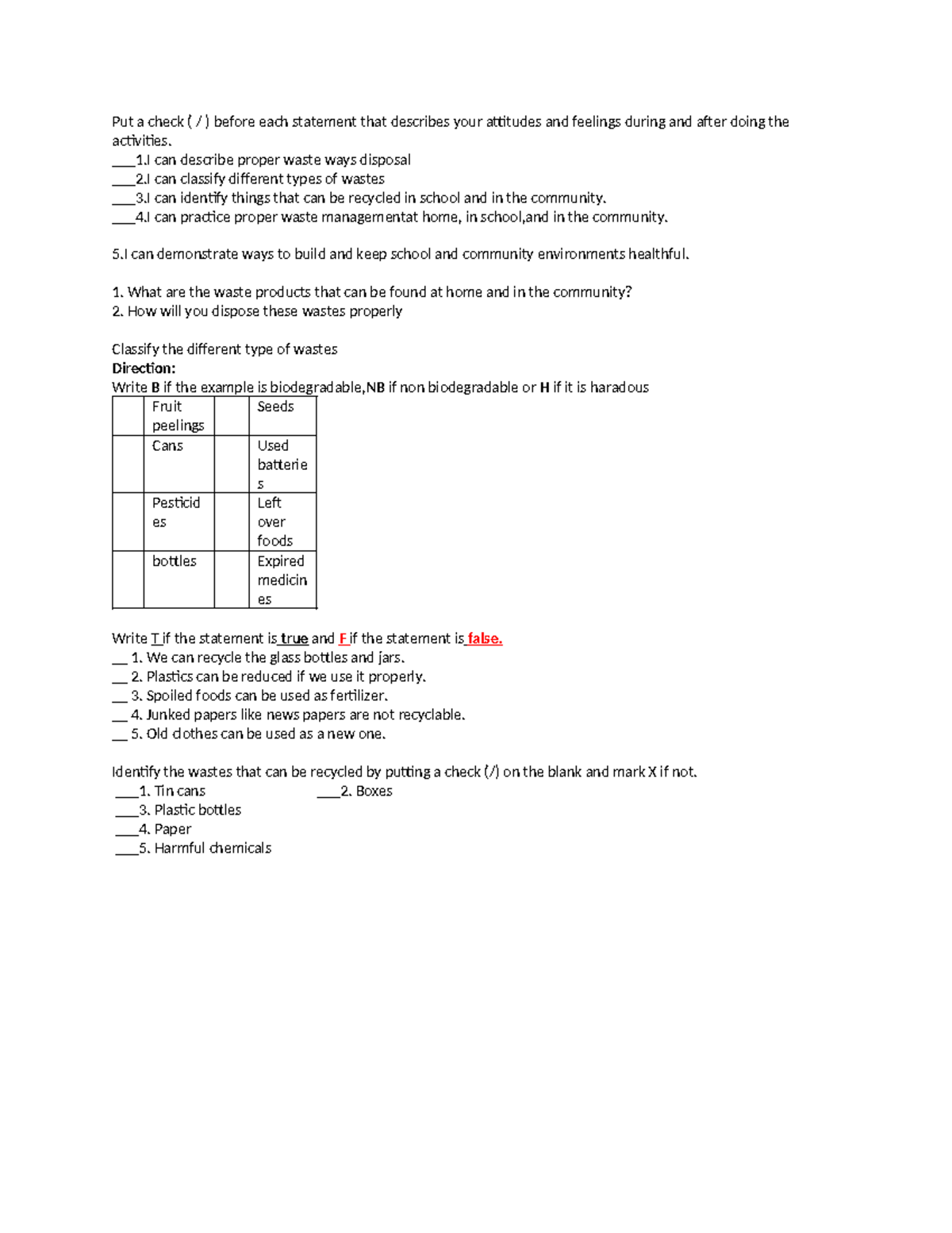 Put a check - instructions - Put a check ( / ) before each statement ...