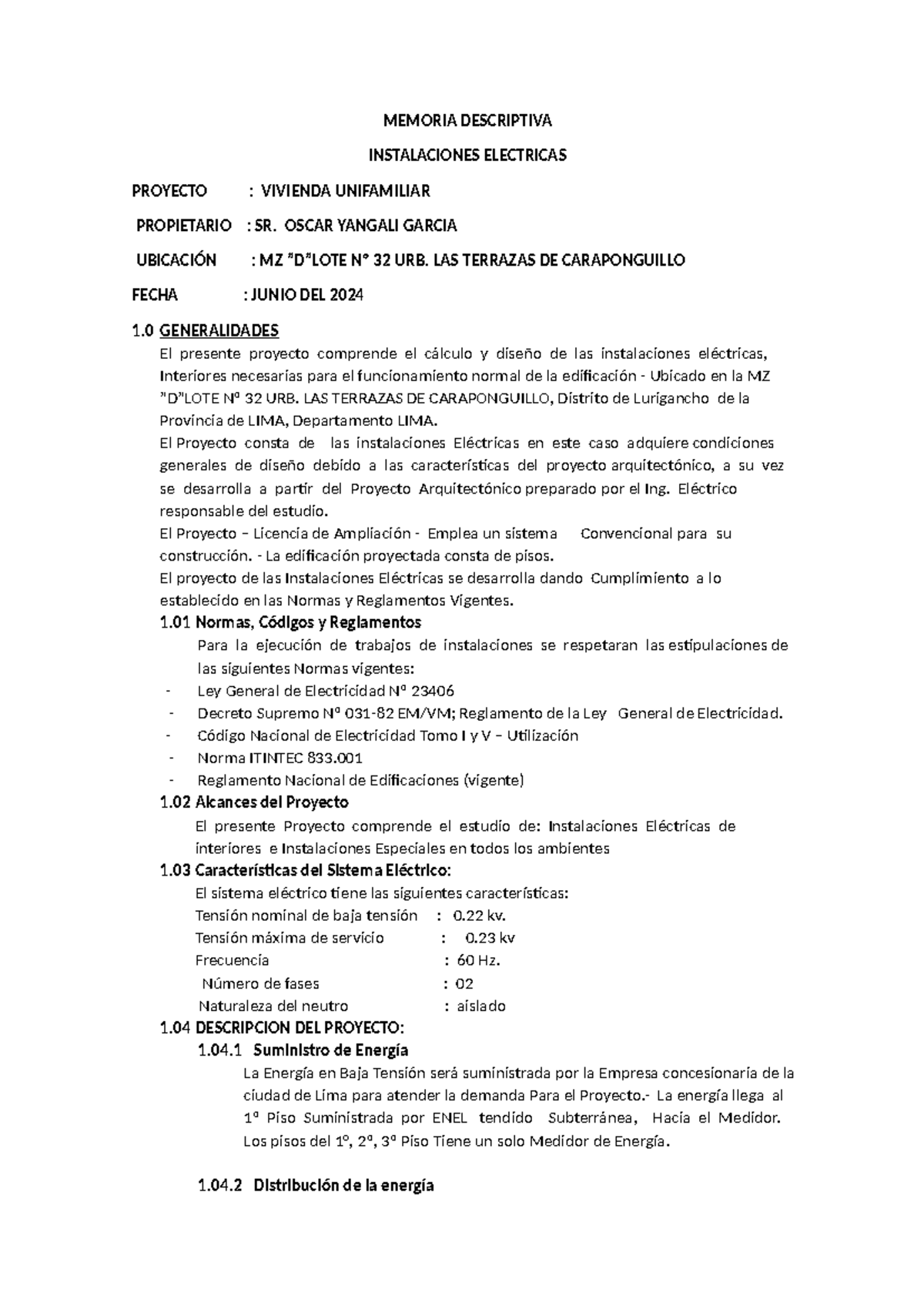 Memoria Descriptiva Electricas 111 - MEMORIA DESCRIPTIVA INSTALACIONES ELECTRICAS PROYECTO ...