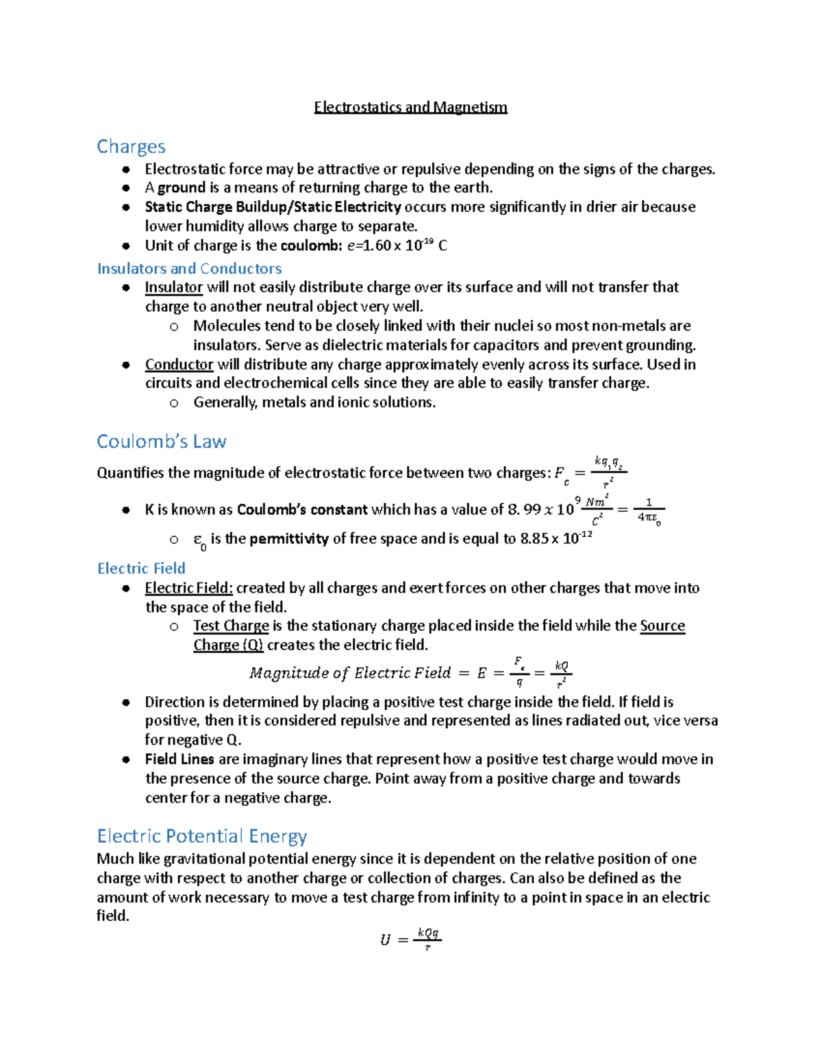 Electrostatics and Magnetism - Electrostatics and Magnetism Charges Electrostatic force may be ...