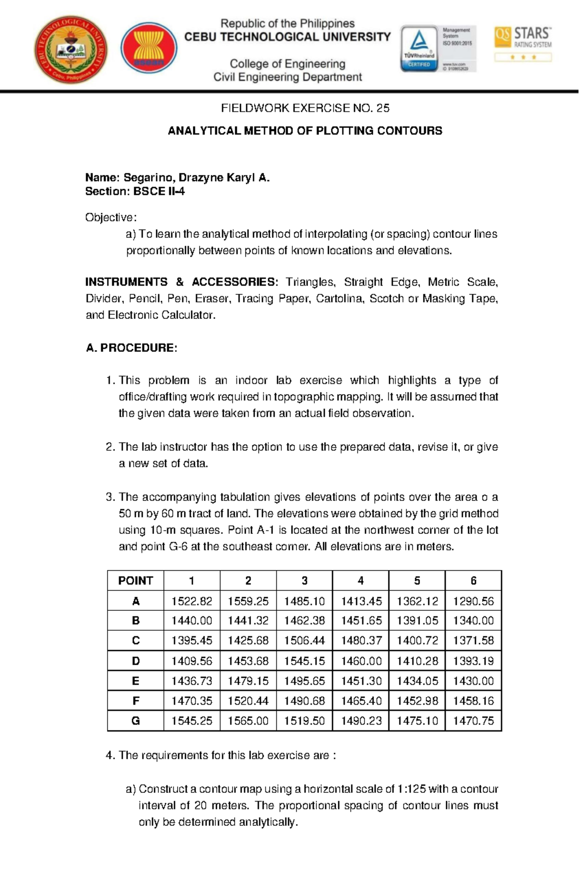 Segarino BSCE II-4 Fieldwork 25 - FIELDWORK EXERCISE NO. 25 ANALYTICAL ...