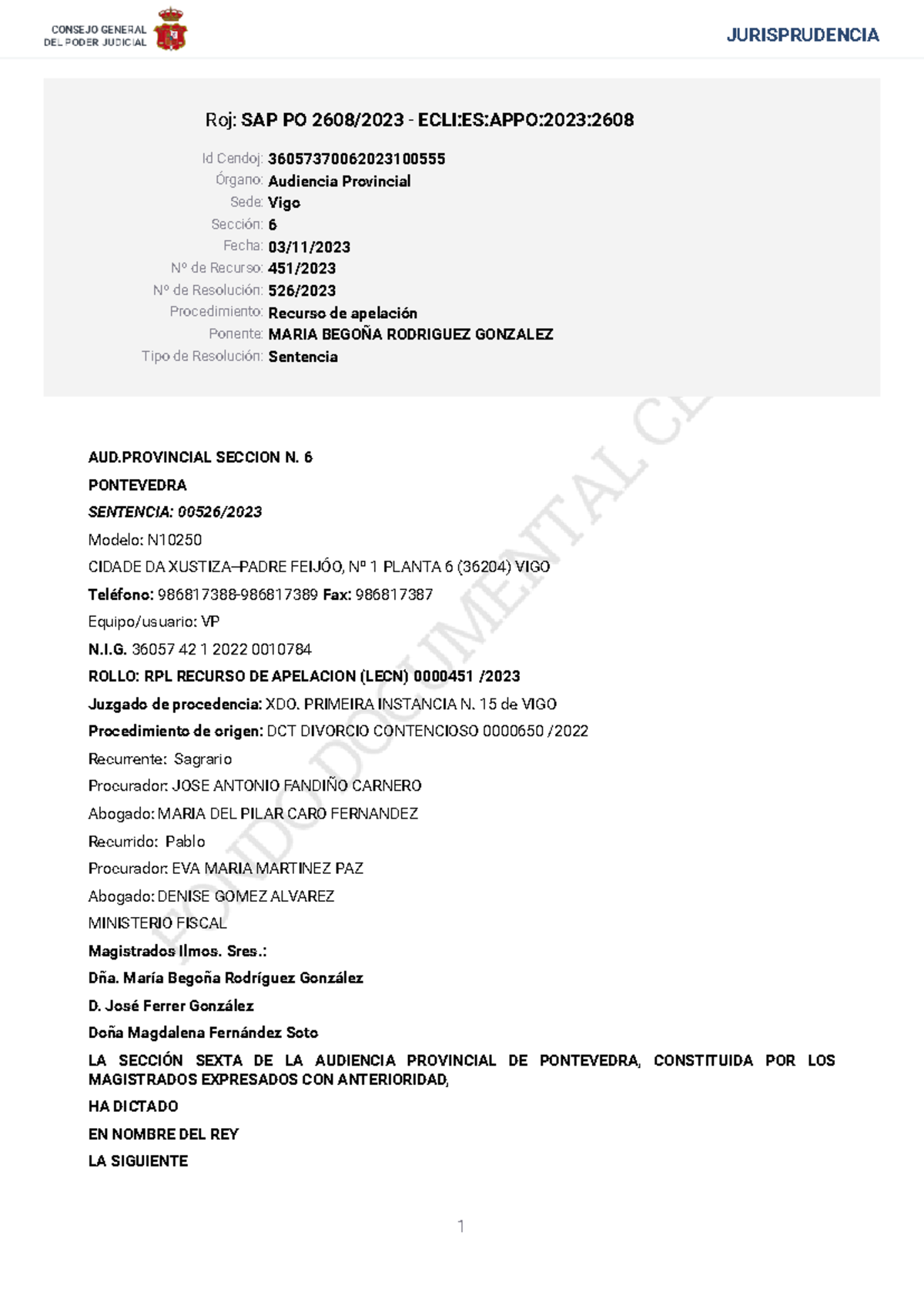 AP PO 2608 2023 - sentencia Divorcio - Roj: SAP PO 2608/2023 - ECLI:ES ...