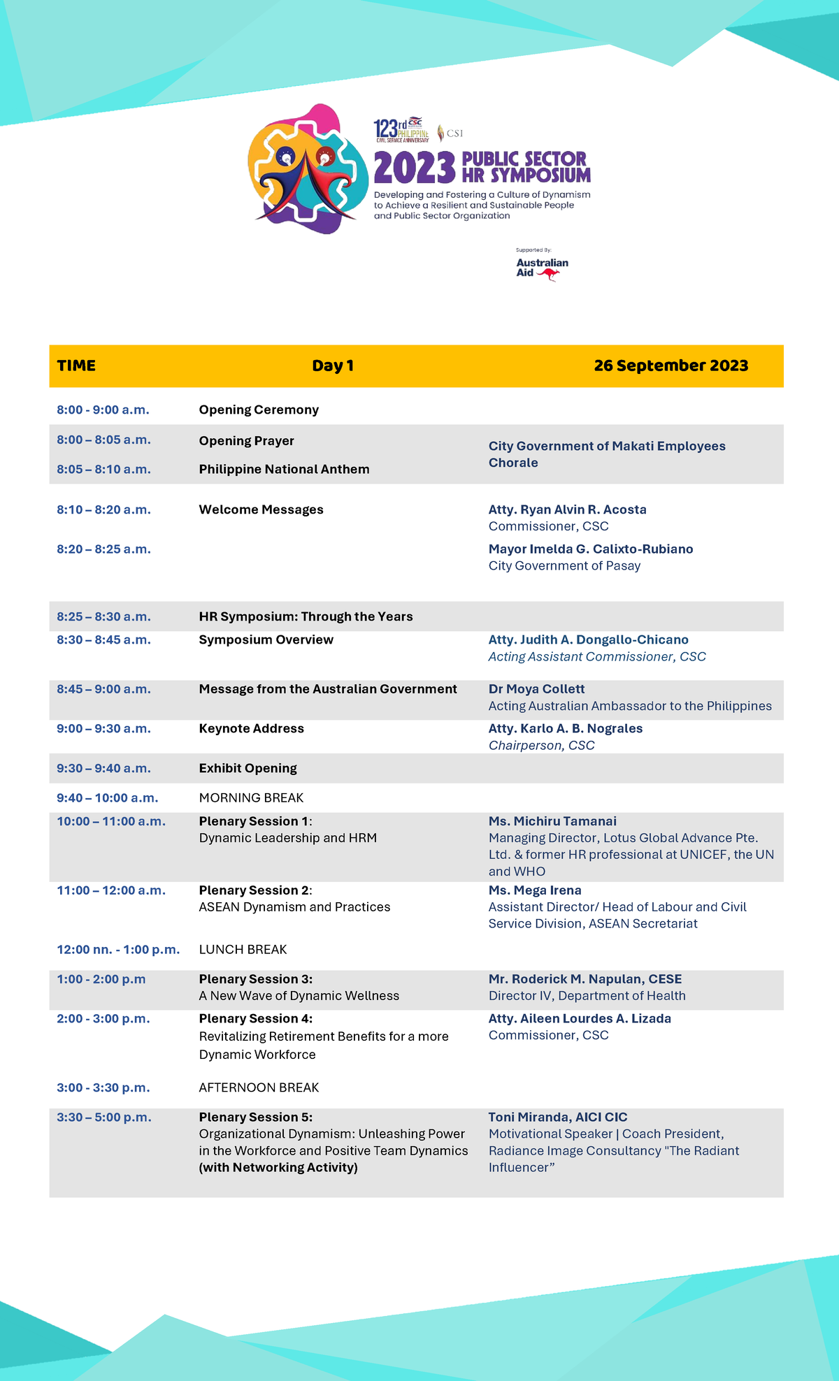 CSC 2023 PHRS Program - TIME Day 1 26 September 2023 8:00 - 9:00 a ...