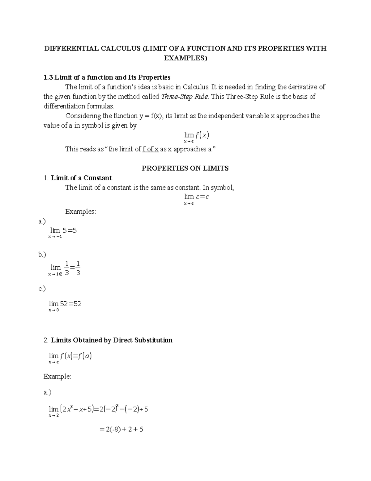 Differential Calculus ( Limit OF A Function) - DIFFERENTIAL CALCULUS ...