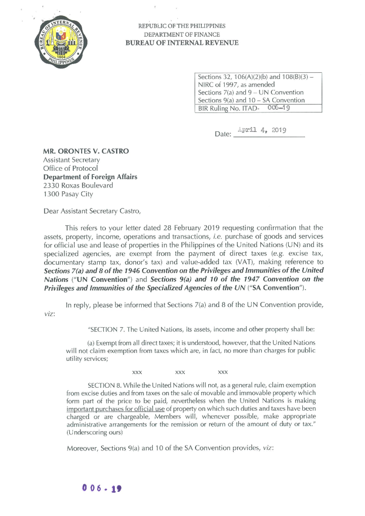 BIR Ruling - UN & ITS Specialized Agencies - Copy - INTERNAL REPUBLIC ...