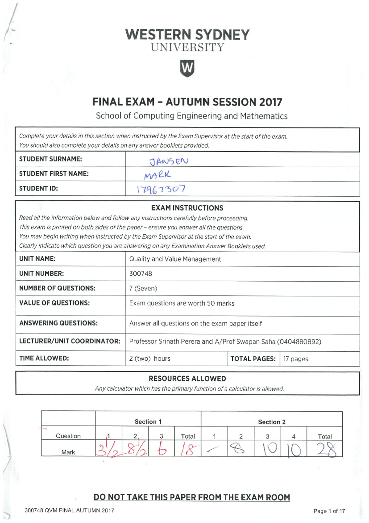 Marked 300748 Exam paper Autumn 2018 - 200504 - Studocu