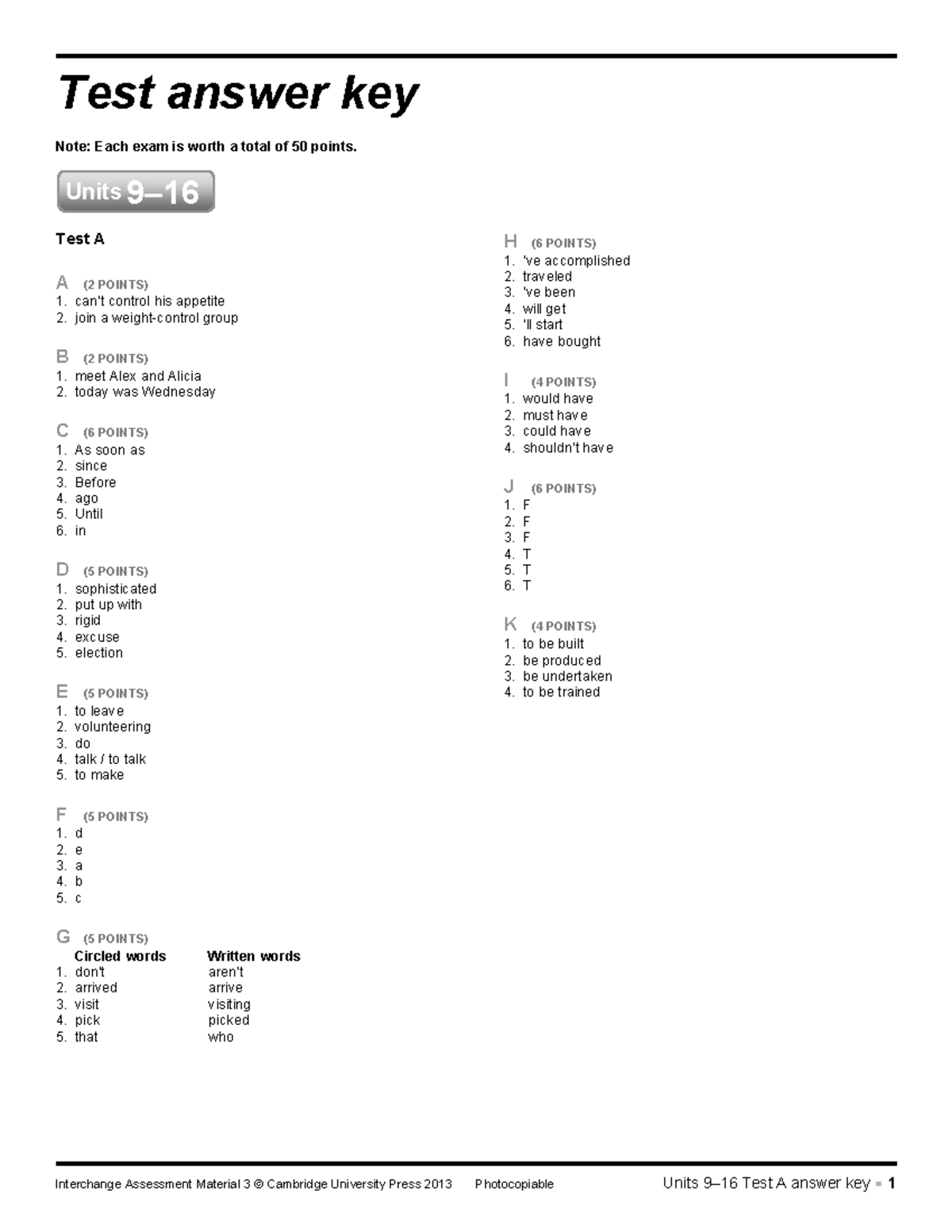 Repuestas 9-16 - Interchange Assessment Material 3 © Cambridge ...