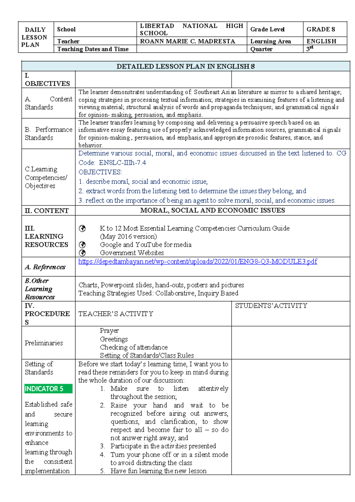 CO2 LNHS final - DAILY LESSON PLAN School LIBERTAD NATIONAL HIGH SCHOOL Grade Level GRADE 8 ...