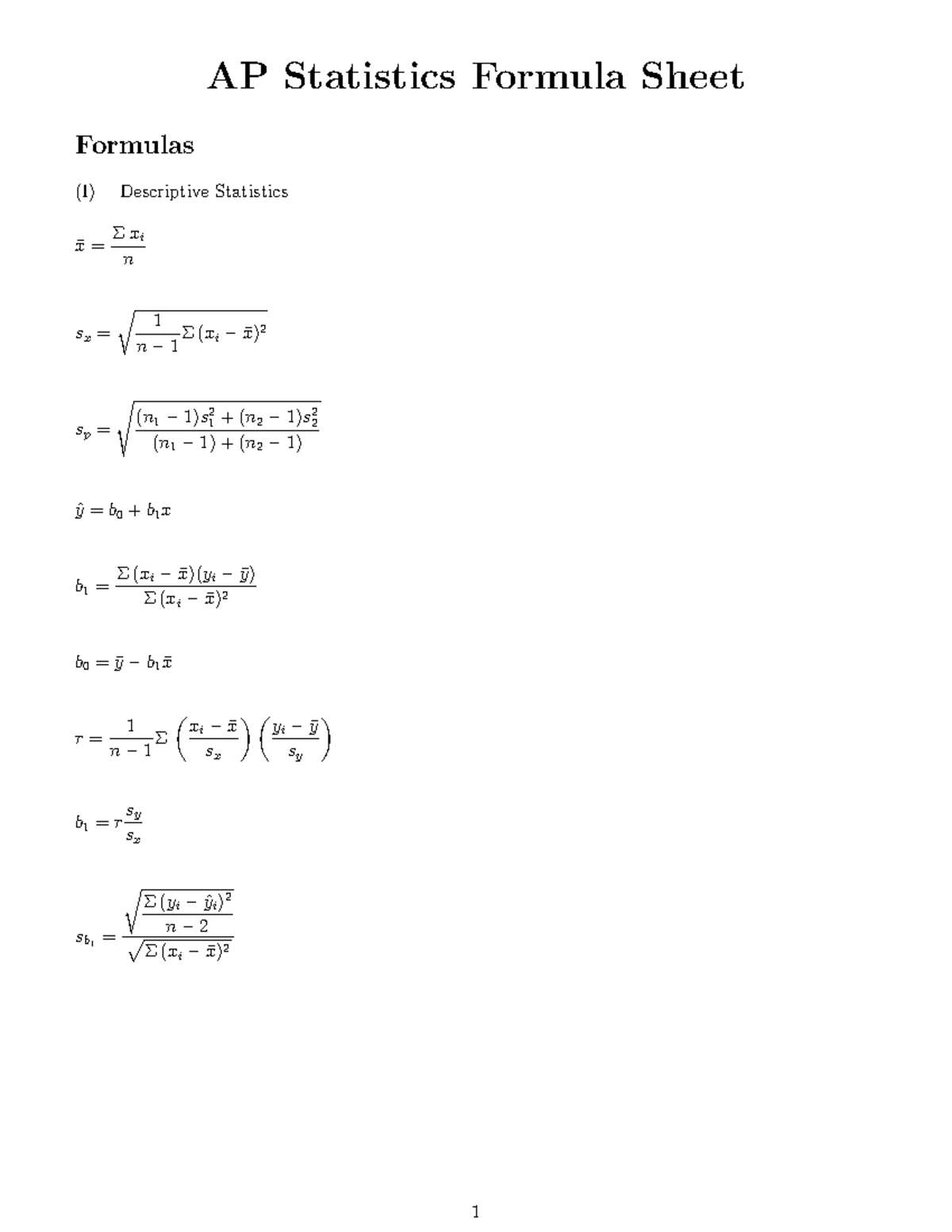 APStatsformulasheet - ALL RIGHTS RESERVED. No part of this work covered ...