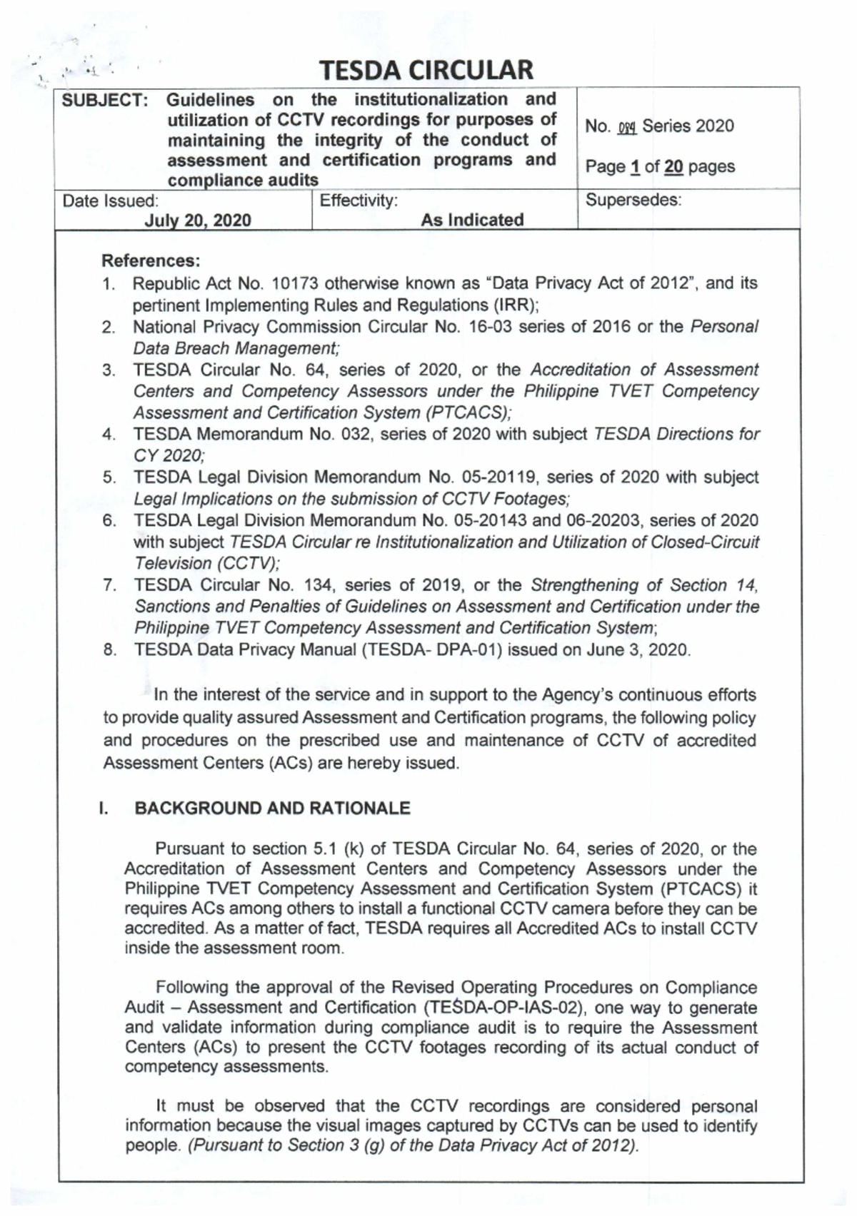 Tesda Circular No. 084-2020 - SUBJECT: Guidelines on the ...