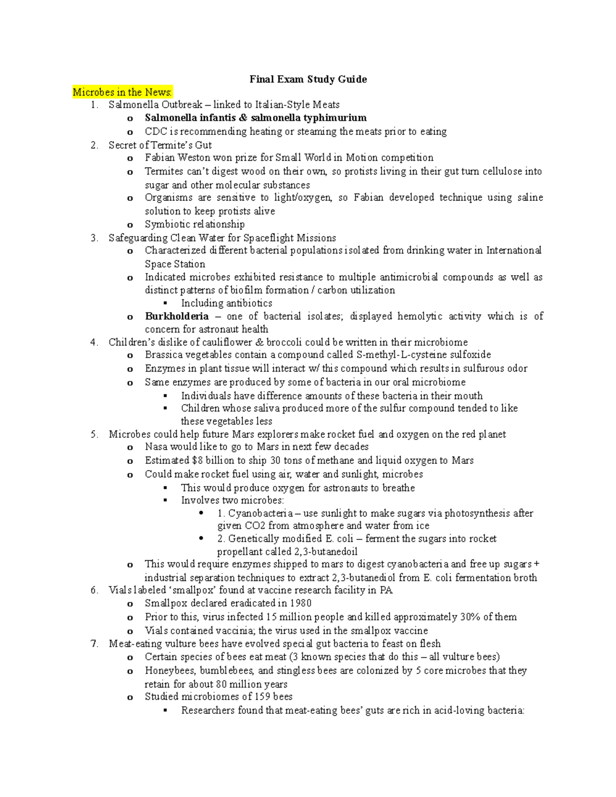 Final Exam Study Guide - Final Exam Study Guide Microbes in the News ...