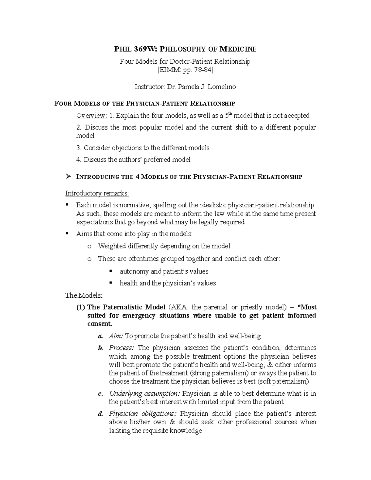 Unit 3 Lecture 3 Models for Dr-Patient Relationship - PHIL 369W ...