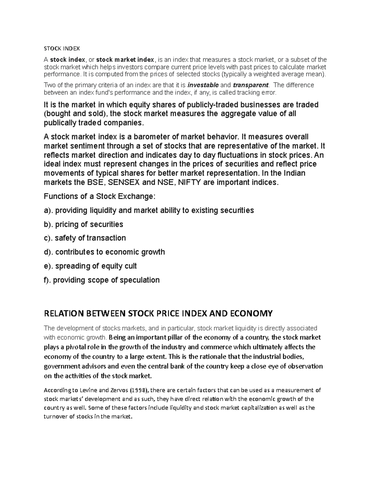 Eco - Economics project - STOCK INDEX A stock index, or stock market ...