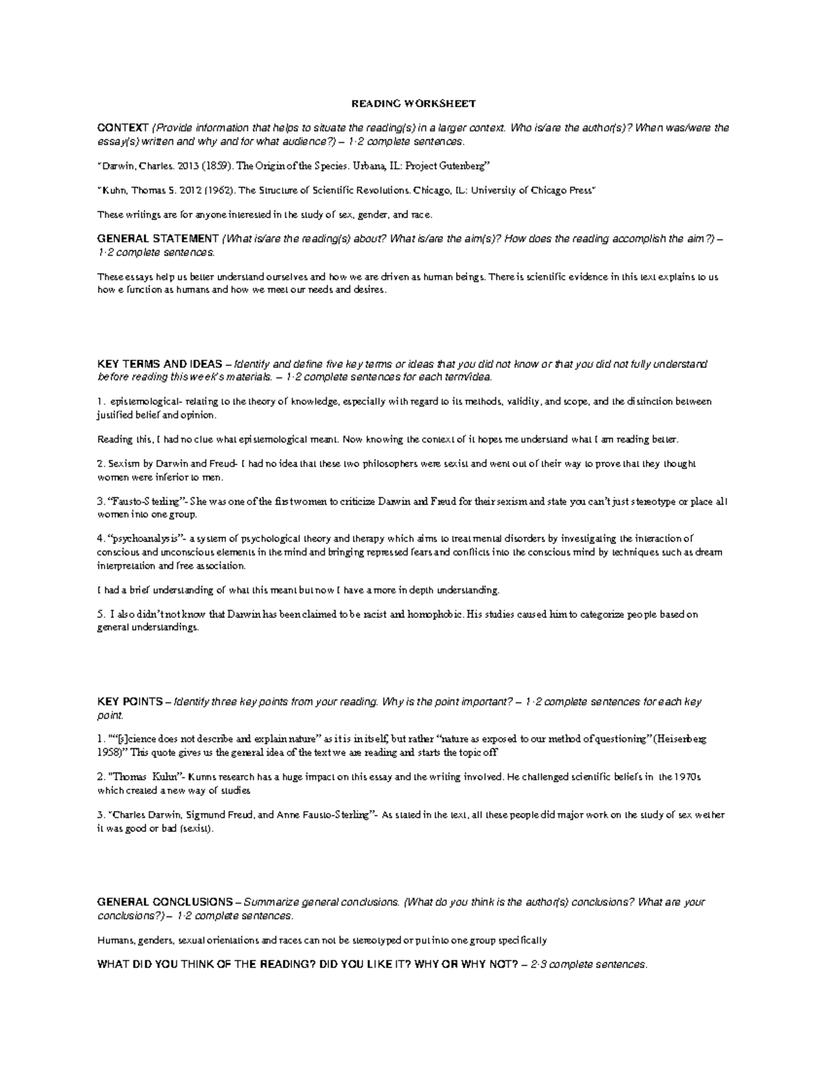 Darwin Reading worksheet - READING WORKSHEET CONTEXT (Provide ...