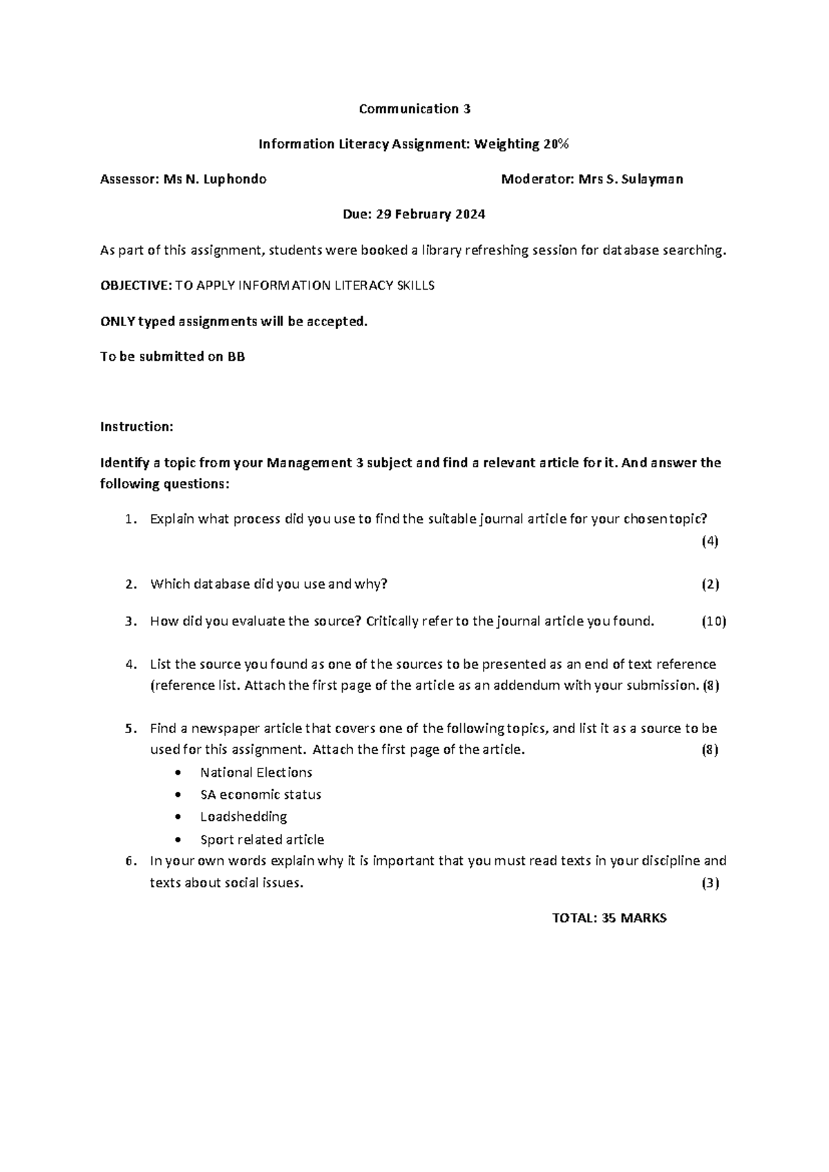 Information Literacy Assessment 2024 - Communication 3 Information ...