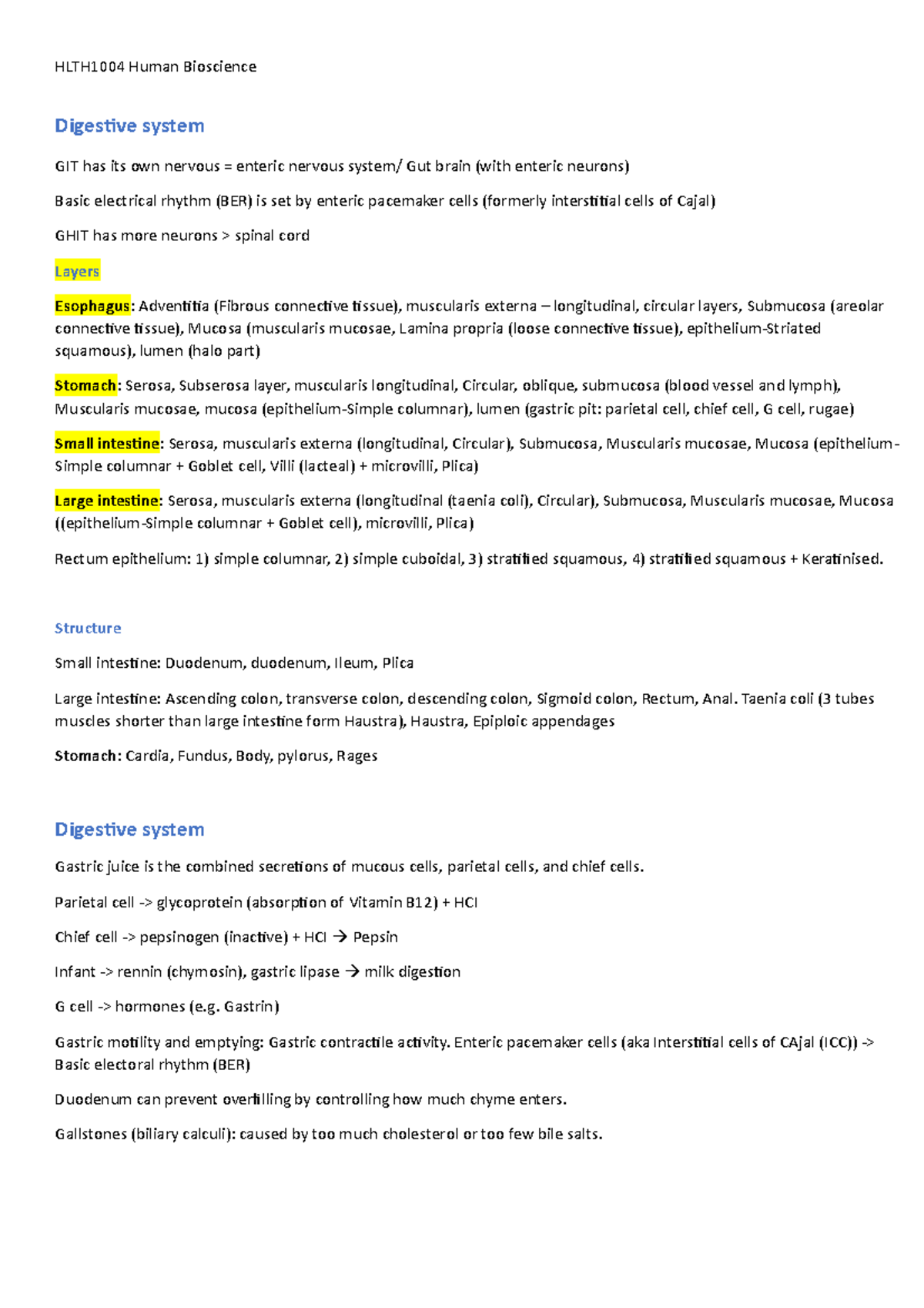 HLTH1004 Digestive - Self study note - Digestive system GIT has its own ...
