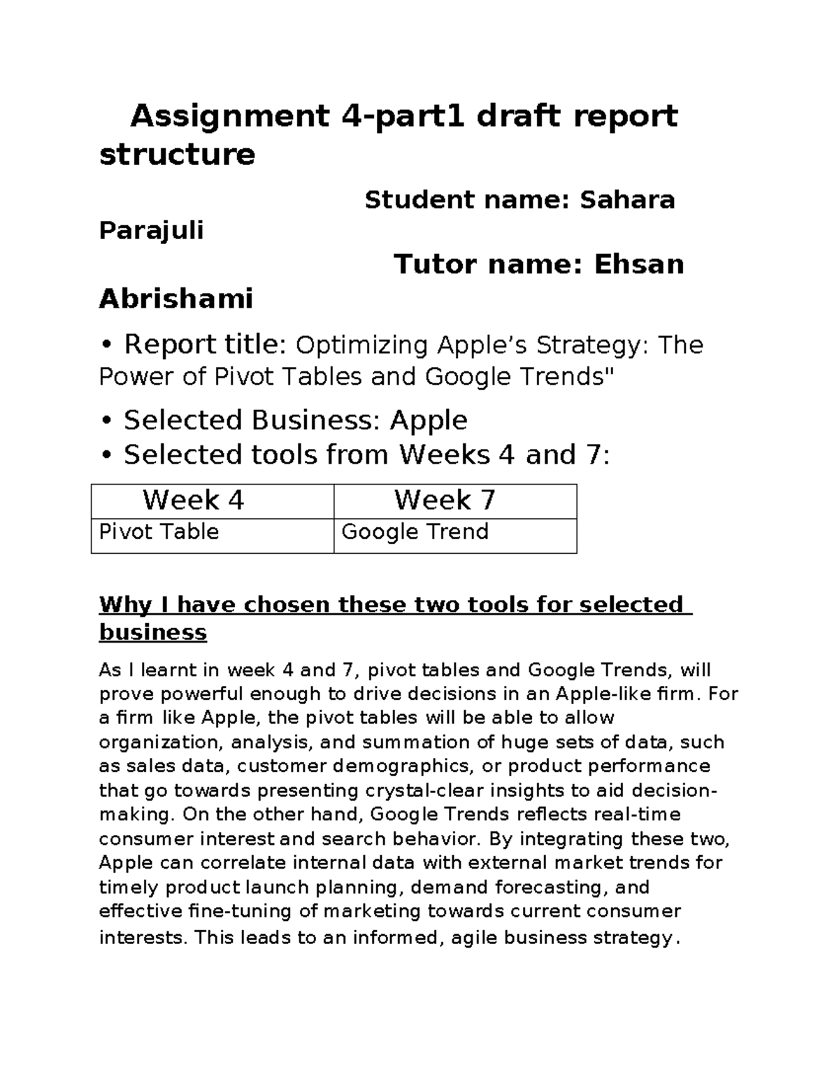 Draft - Assignment 4-part1 draft report structure Student name: Sahara ...
