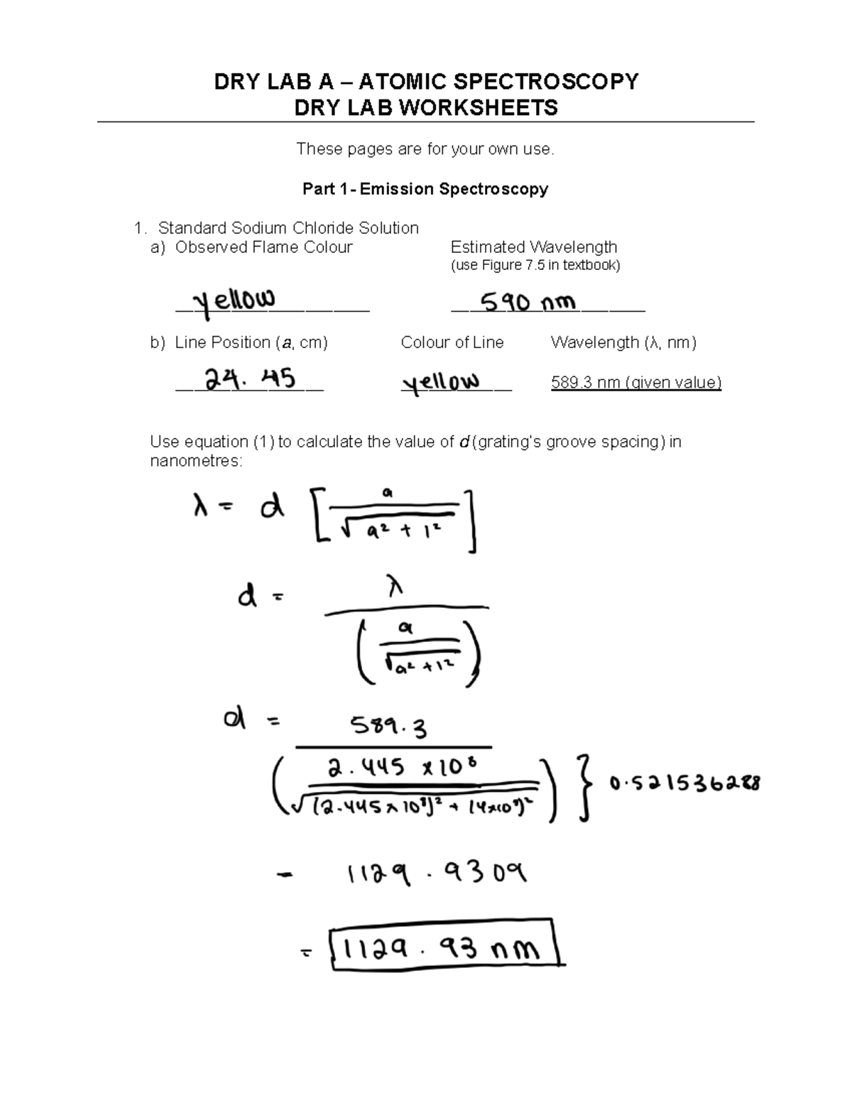 Atomic Spectroscopy Dry Lab Worksheets - DRY LAB WORKSHEETS These pages ...