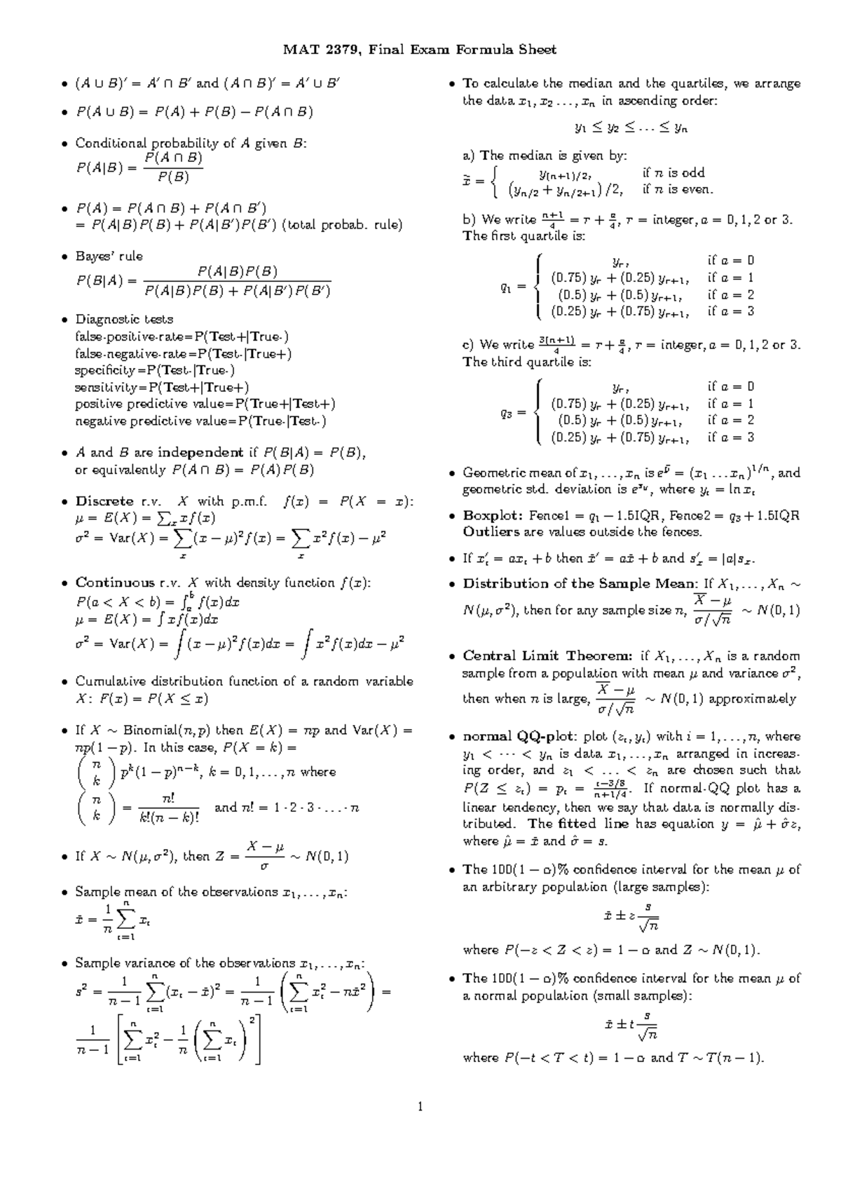 2379 final formula sheet - MAT 2379, Final Exam Formula Sheet • (A [ B) 0 = A 0 \ B 0 and (A \ B ...