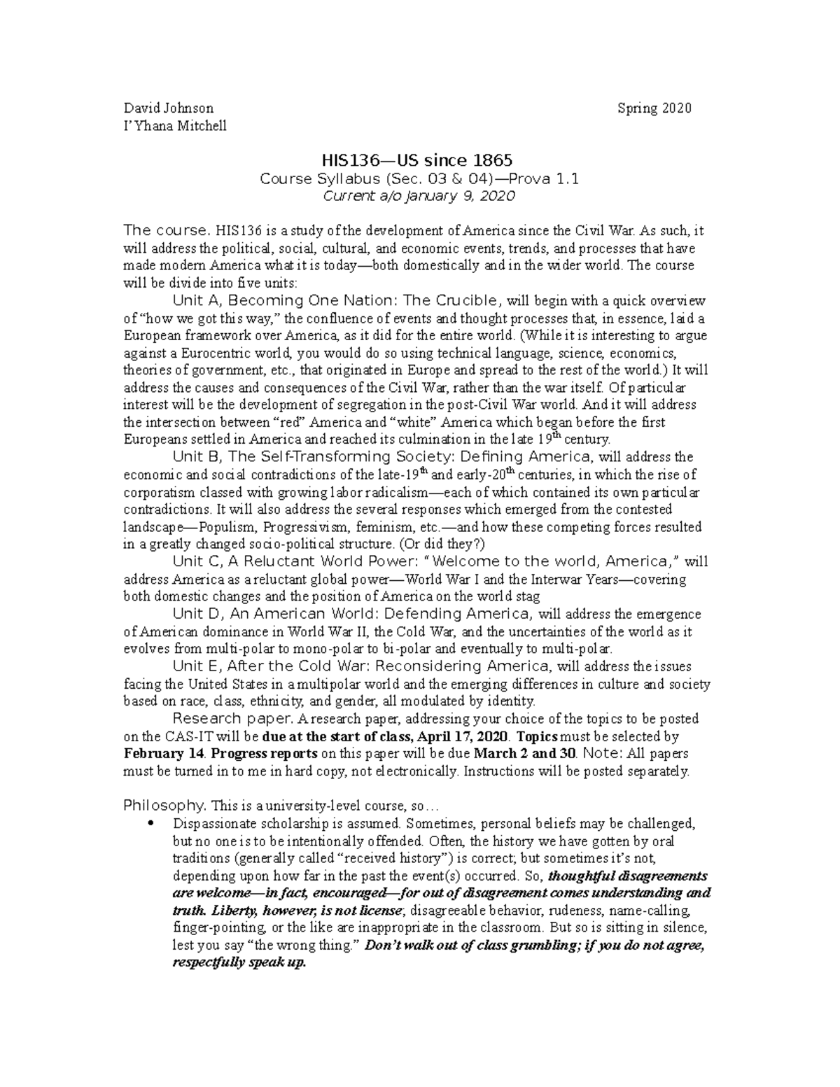 History 136 Syllabus with Summaries of Lessons - Warning: TT: more ...