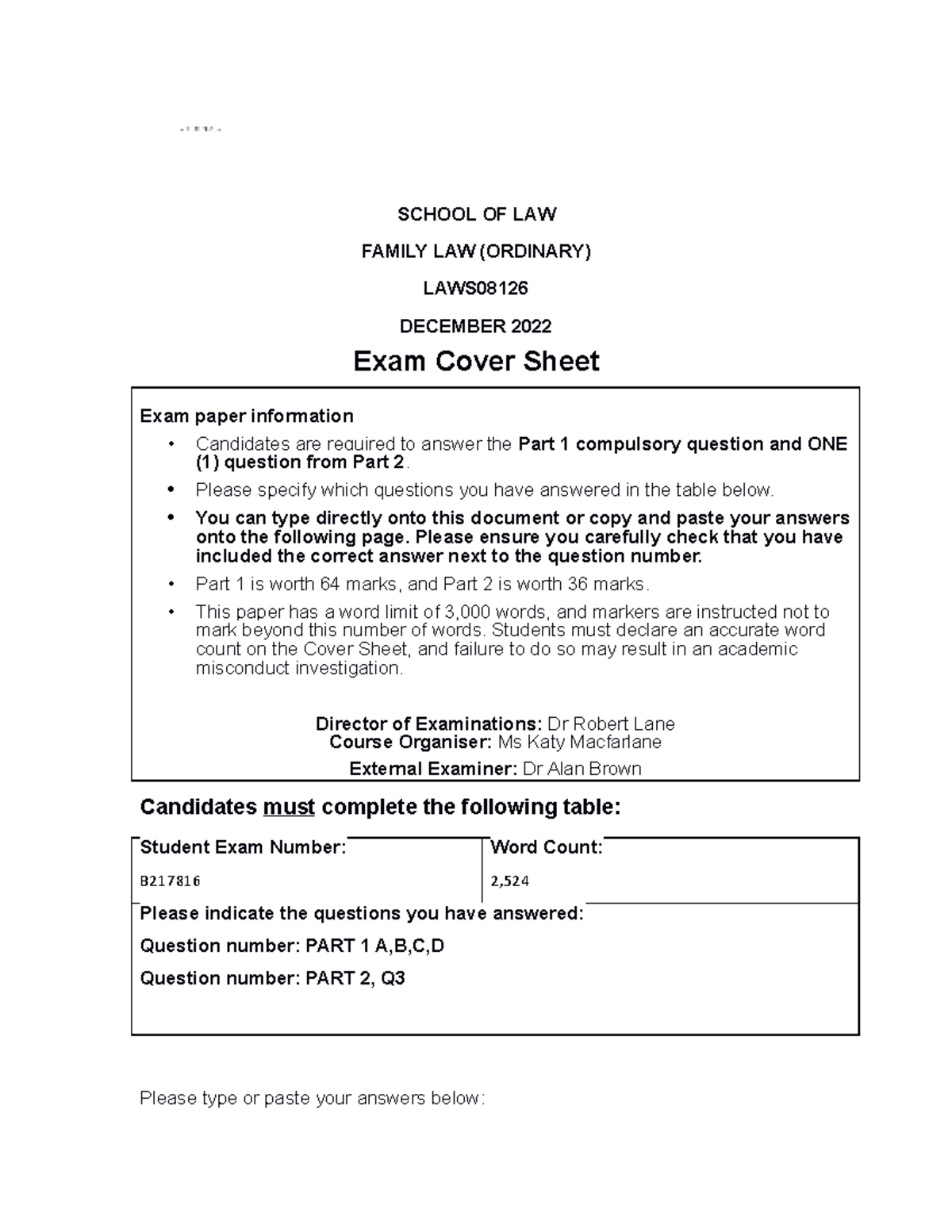 Family Law Ordinary December 2022 Exam Cover Sheet - SCHOOL OF LAW ...