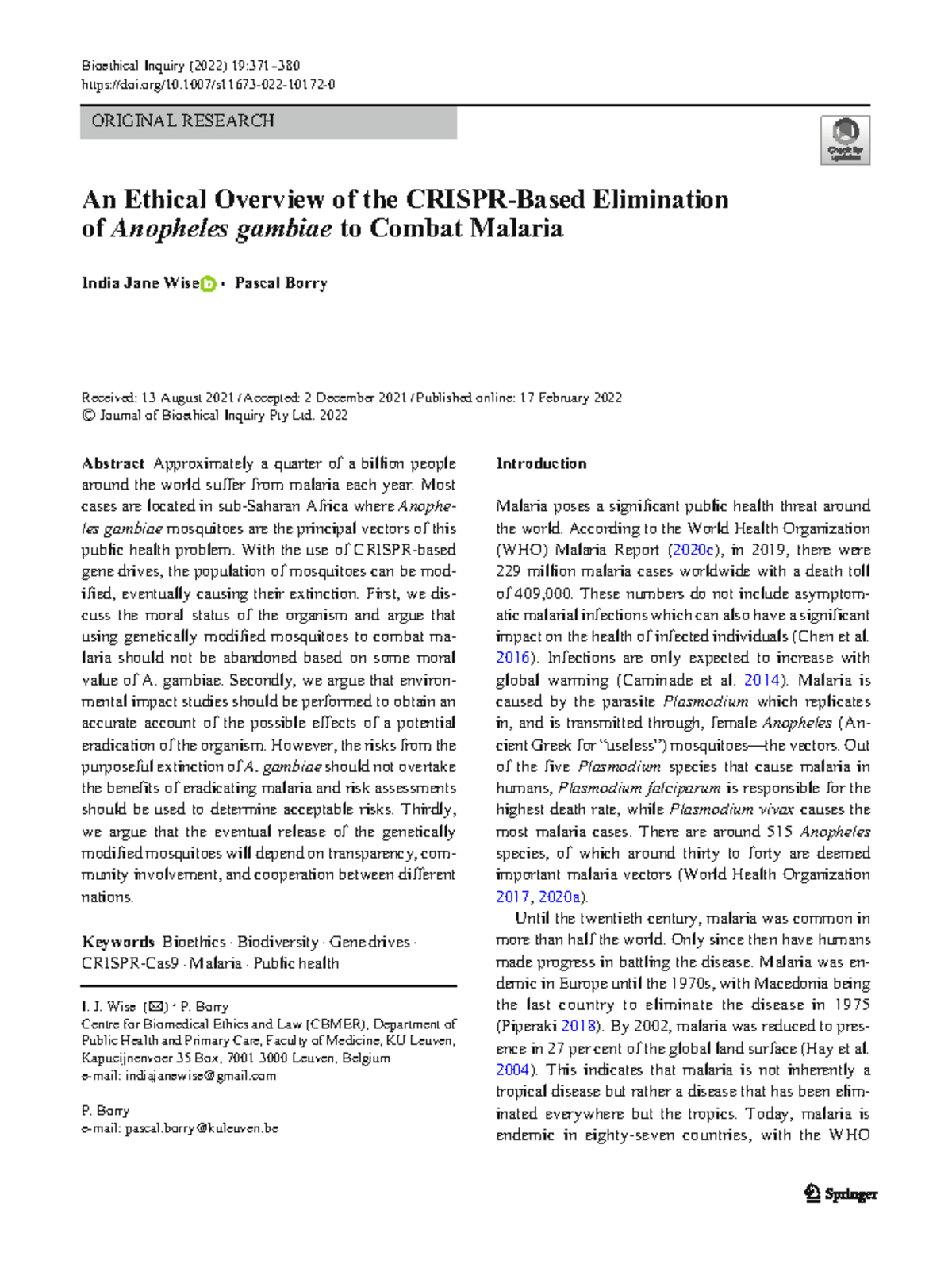Wise and Borry - Crispr - ORIGINAL RESEARCH An Ethical Overview of the ...
