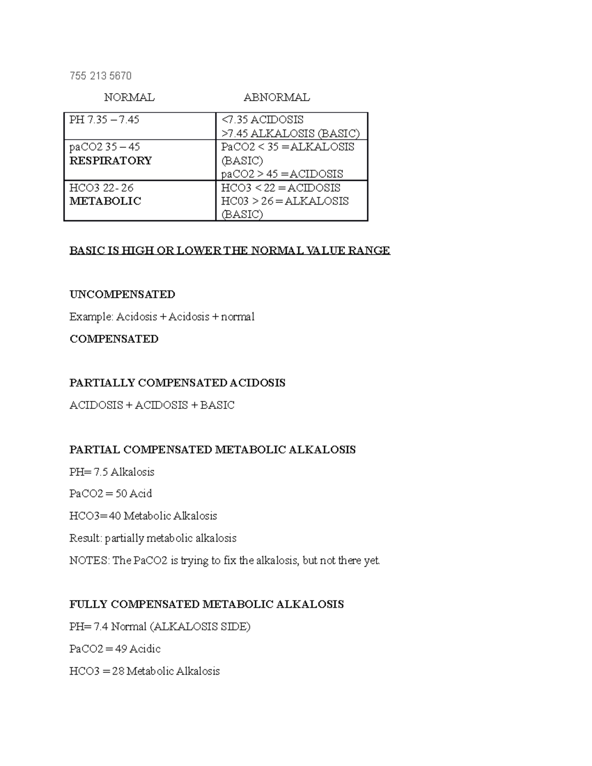 ABG Evaluation - LEcture notes for class - 755 213 5670 NORMAL ABNORMAL ...