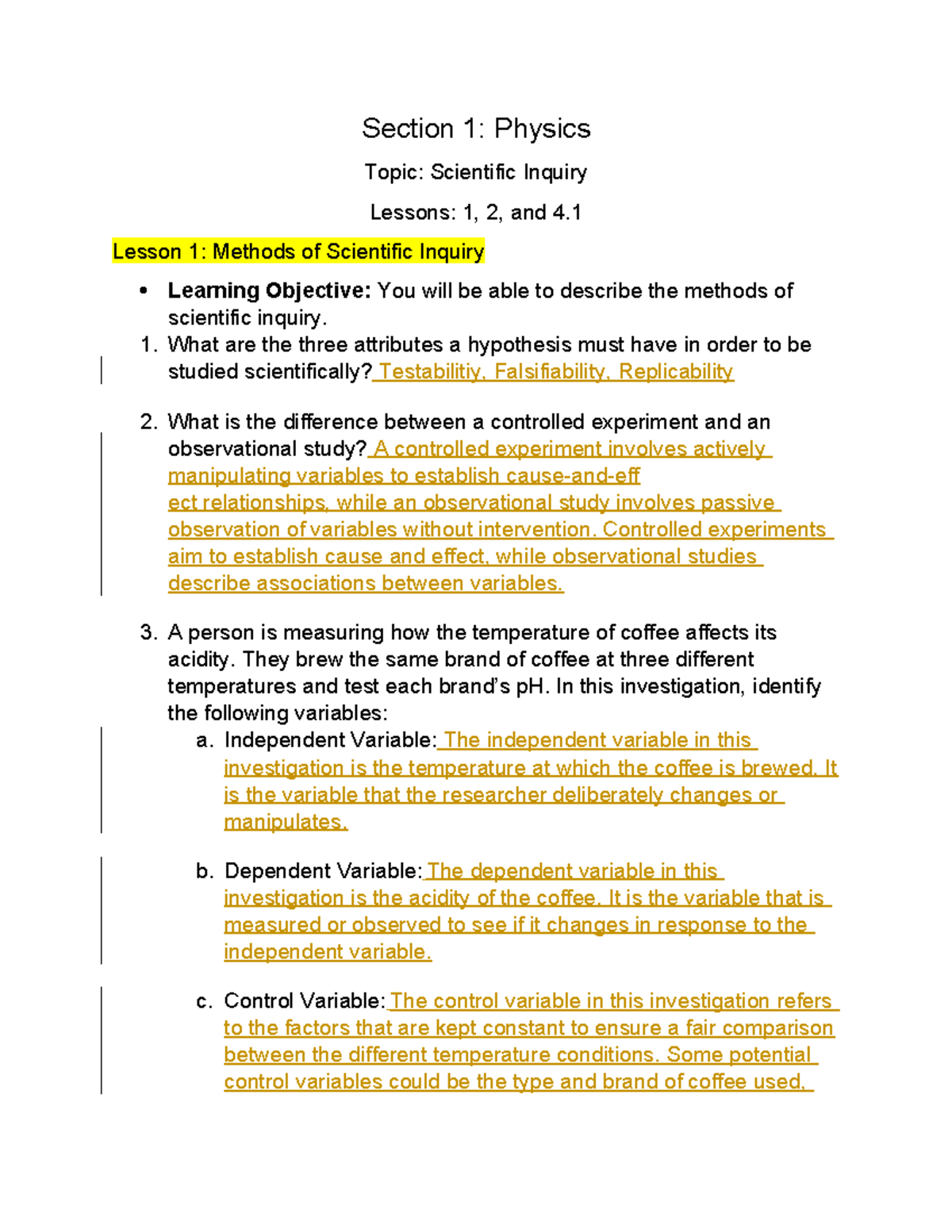 Scientific Inquiry - Section 1: Physics Topic: Scientific Inquiry ...