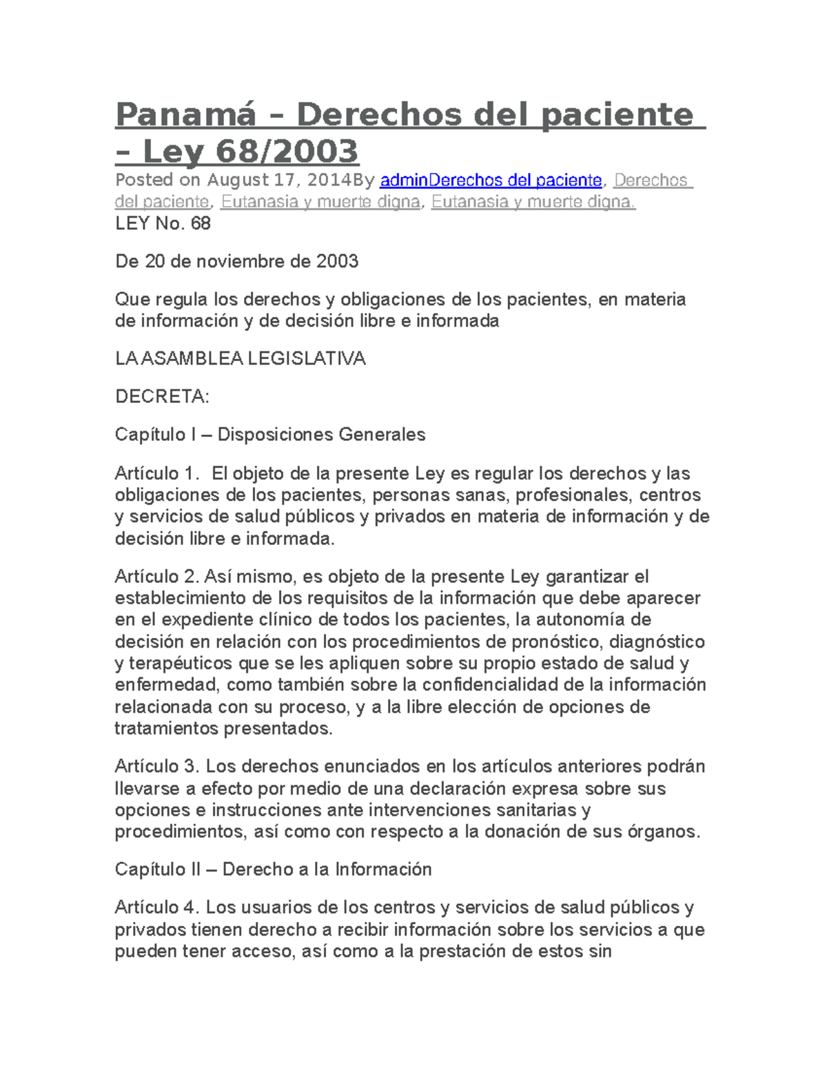 Panamá – Derechos del paciente – Ley 682003 - Panamá – Derechos del ...