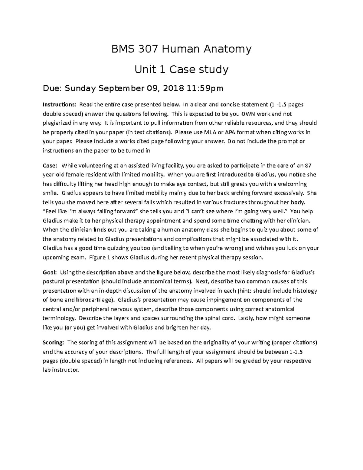 Unit 1 case study Fall 2018 - BMS 307 Human Anatomy Unit 1 Case study ...