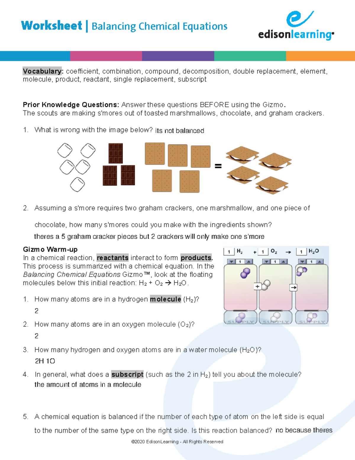 Balancing Chemical Equations - Vocabulary: coefficient, combination ...