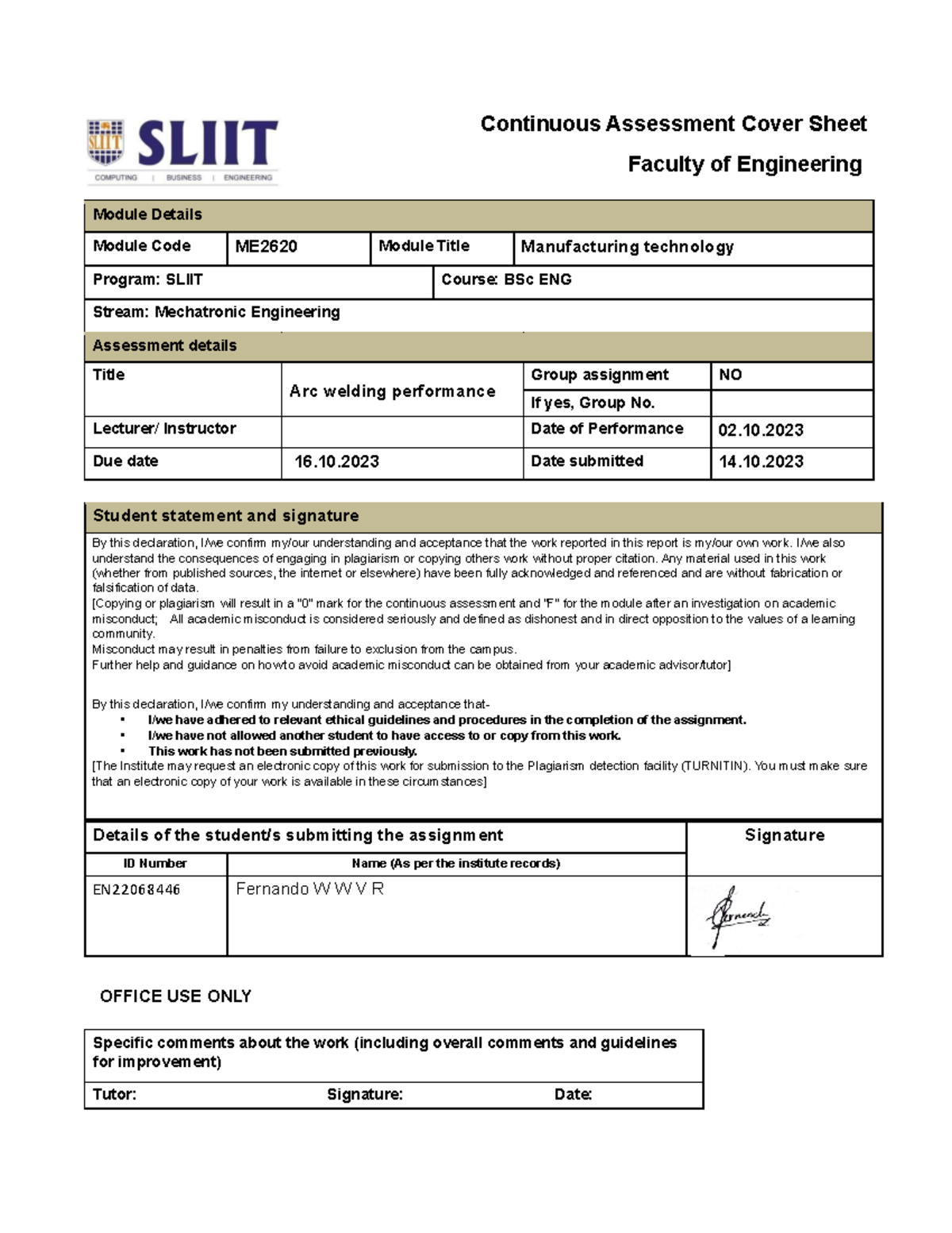 Arc welding - Continuous Assessment Cover Sheet Faculty of Engineering ...