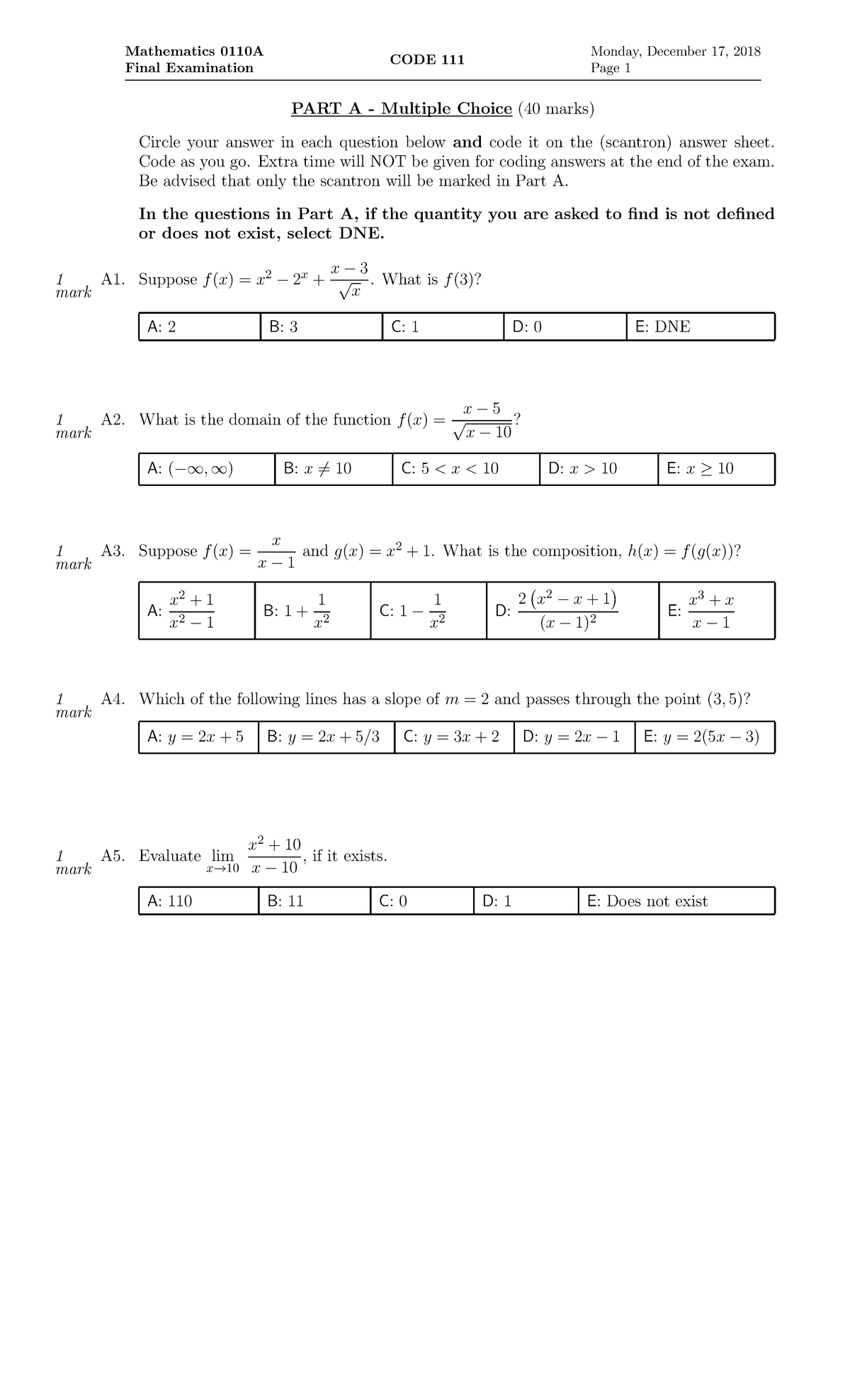 Exam 17 December 2018, questions and answers - Final Examination CODE ...