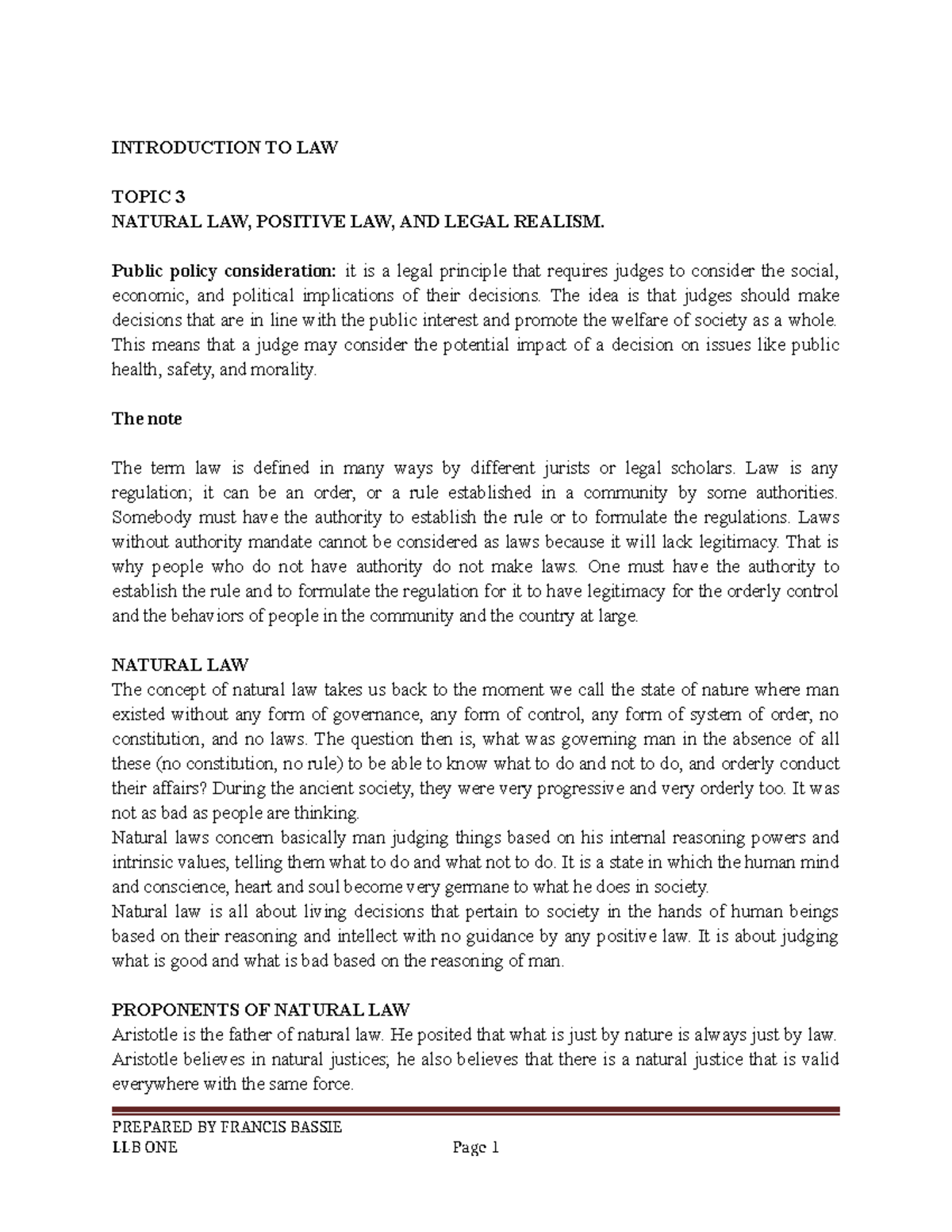 Note by Francis Bassie- Intro to Law - INTRODUCTION TO LAW TOPIC 3 ...