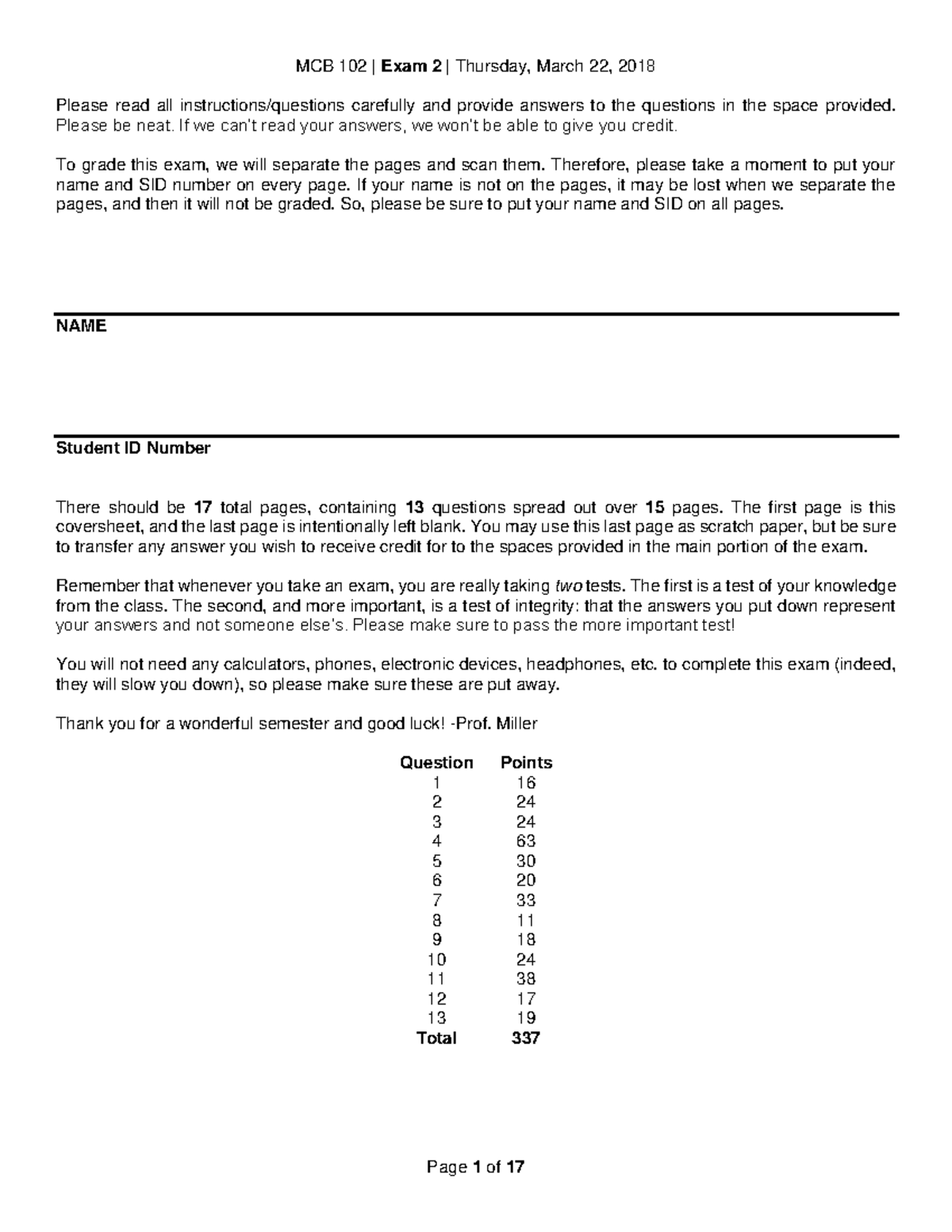 OLD EXAM EWM MCB 102 SP 18 Exam - MCB 102 | Exam 2 | Thursday, March 22 ...