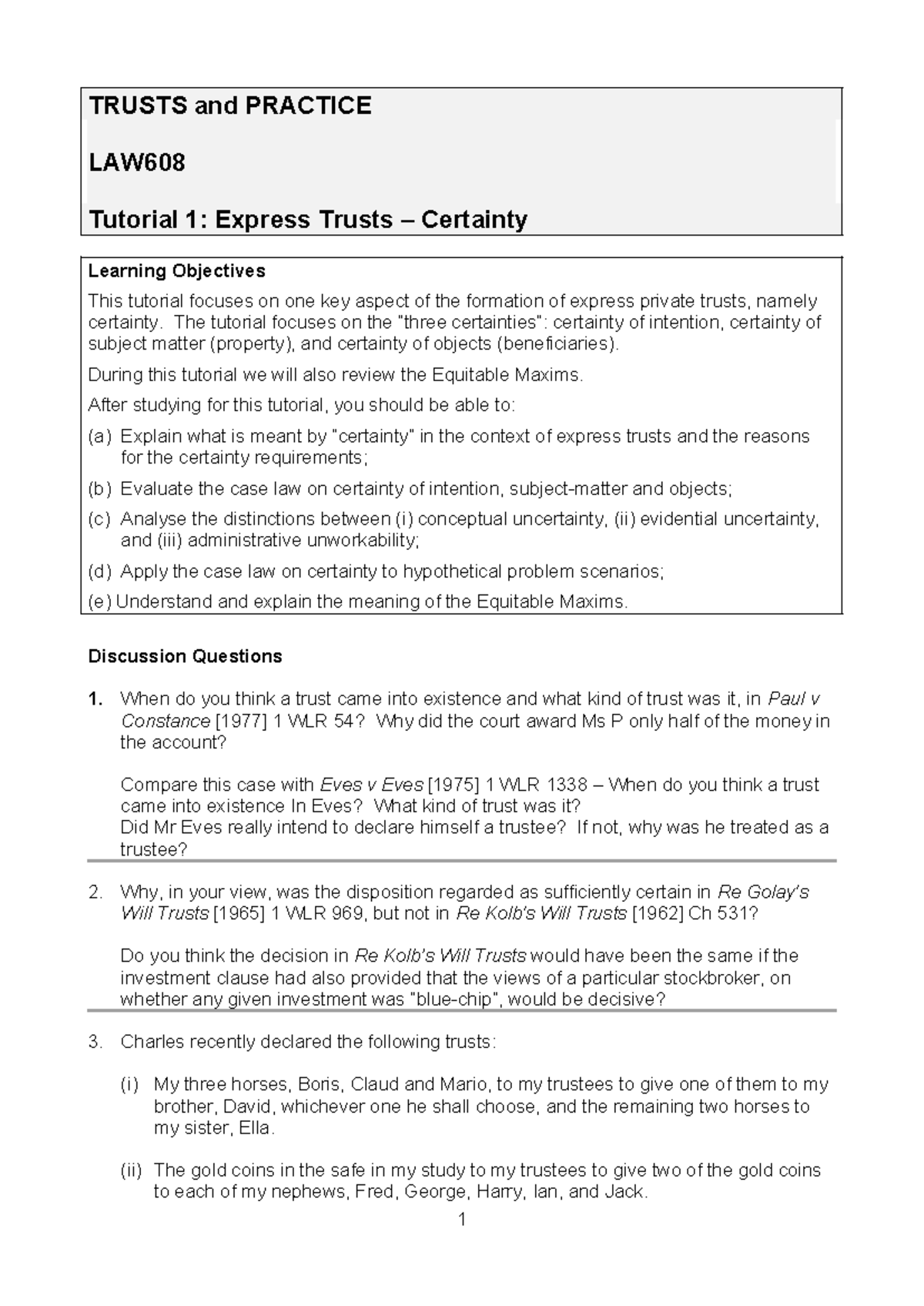 Tutorial 1 Express Trusts – Certainty - TRUSTS and PRACTICE LAW ...