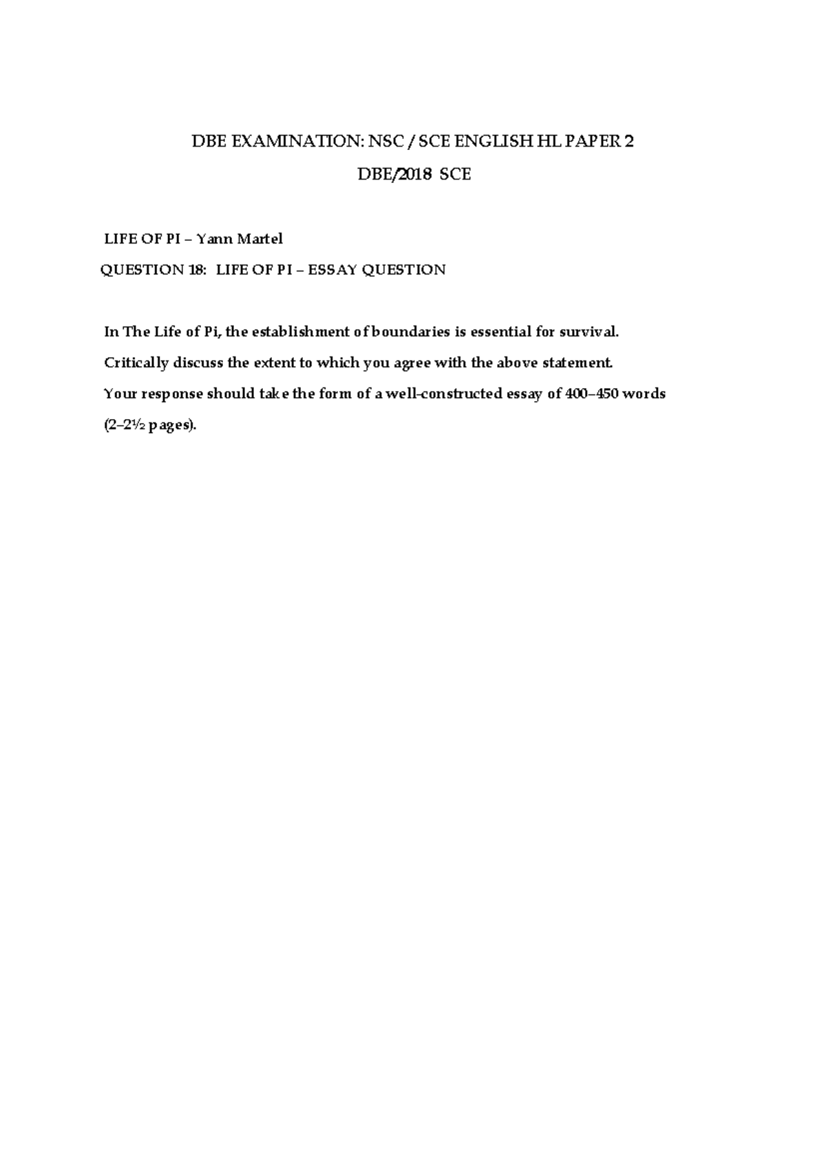 3 LIFE OF PI Essay DBE Examination - DBE EXAMINATION: NSC / SCE ENGLISH ...