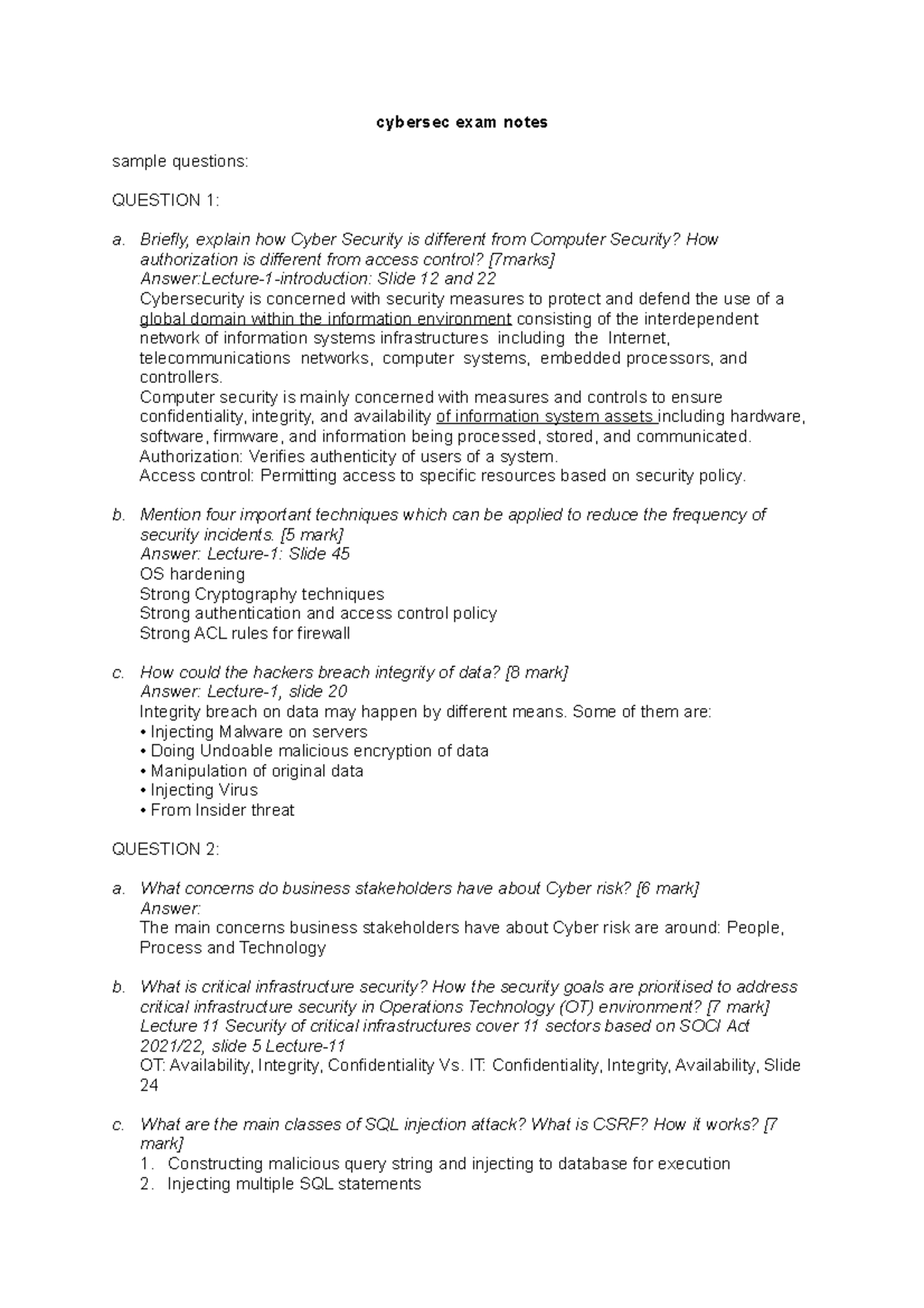 Cybersecurity Sample Exam Questions and Answers - cybersec exam notes ...