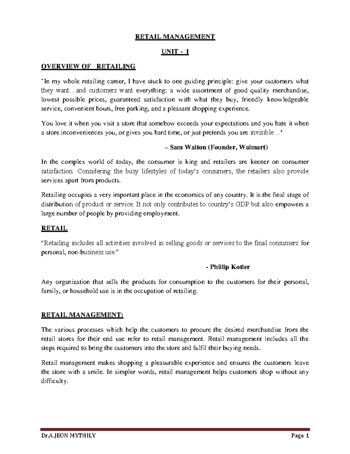 RETAIL MANAGEMENT - RETAIL MANAGEMENT UNIT -_I OVERVIEW OF RETAILING ...