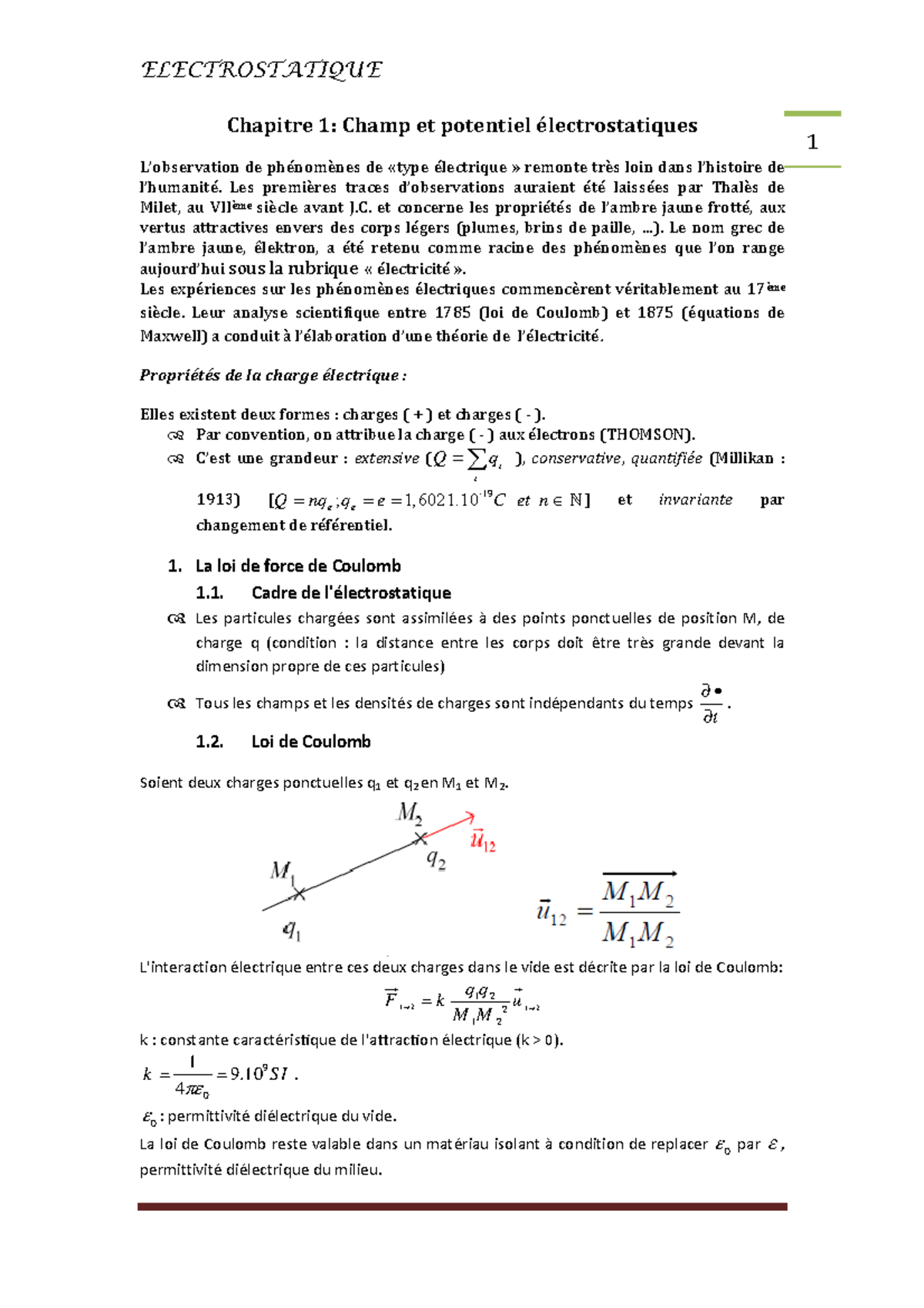 Chapitre 1 - electrostatique dans le vide - ####### 1 ####### Chapitre 1: Champ et potentiel ...