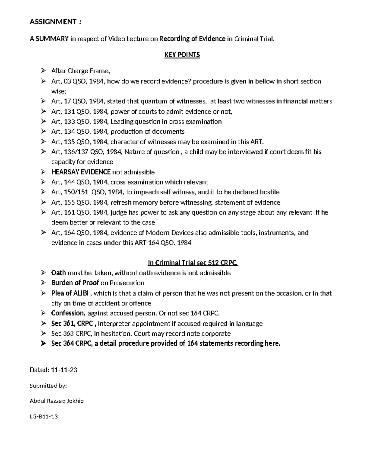 Assignment recording of evidence - ASSIGNMENT : A SUMMARY in respect of ...
