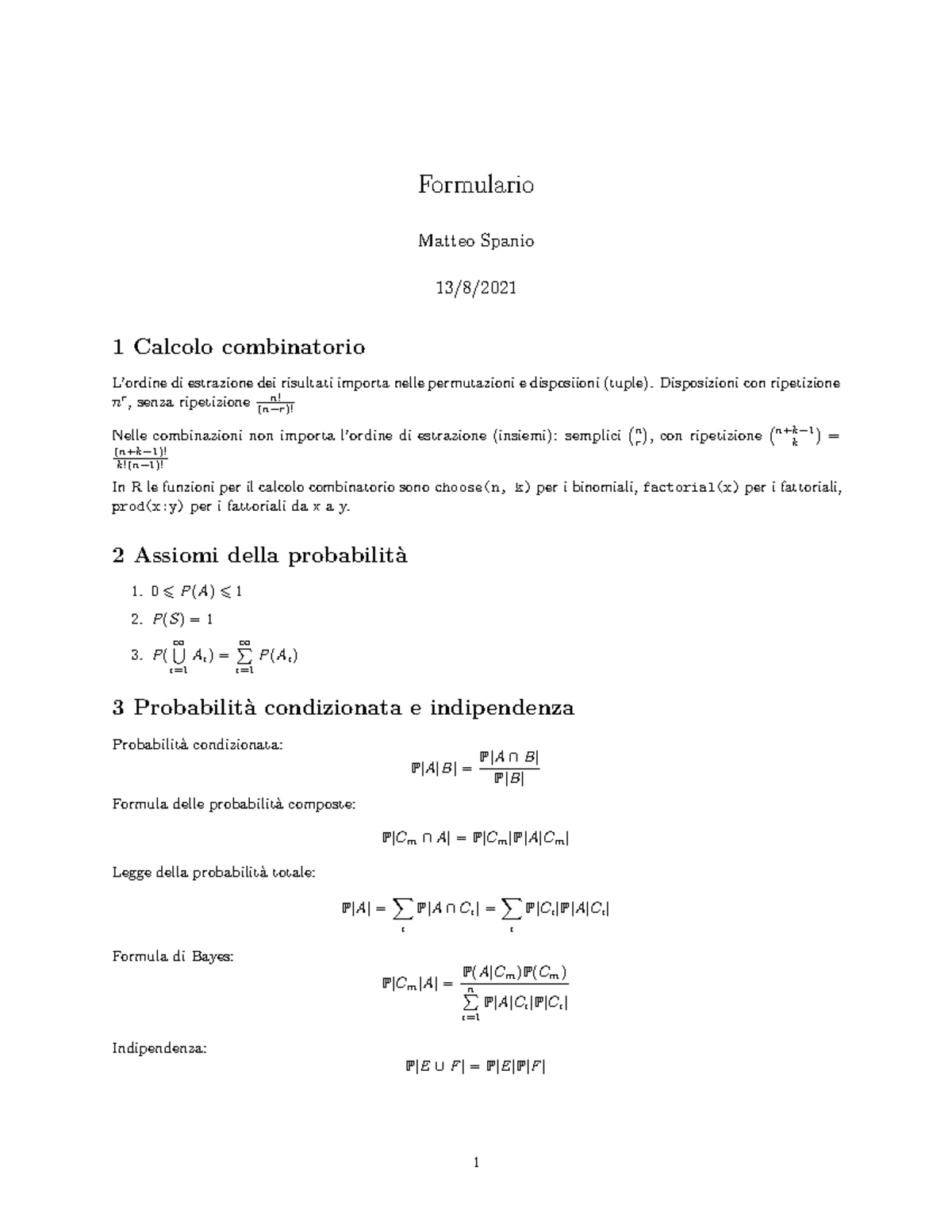 Formulario - Formulario Matteo Spanio 13/8/ 1 Calcolo combinatorio L ...