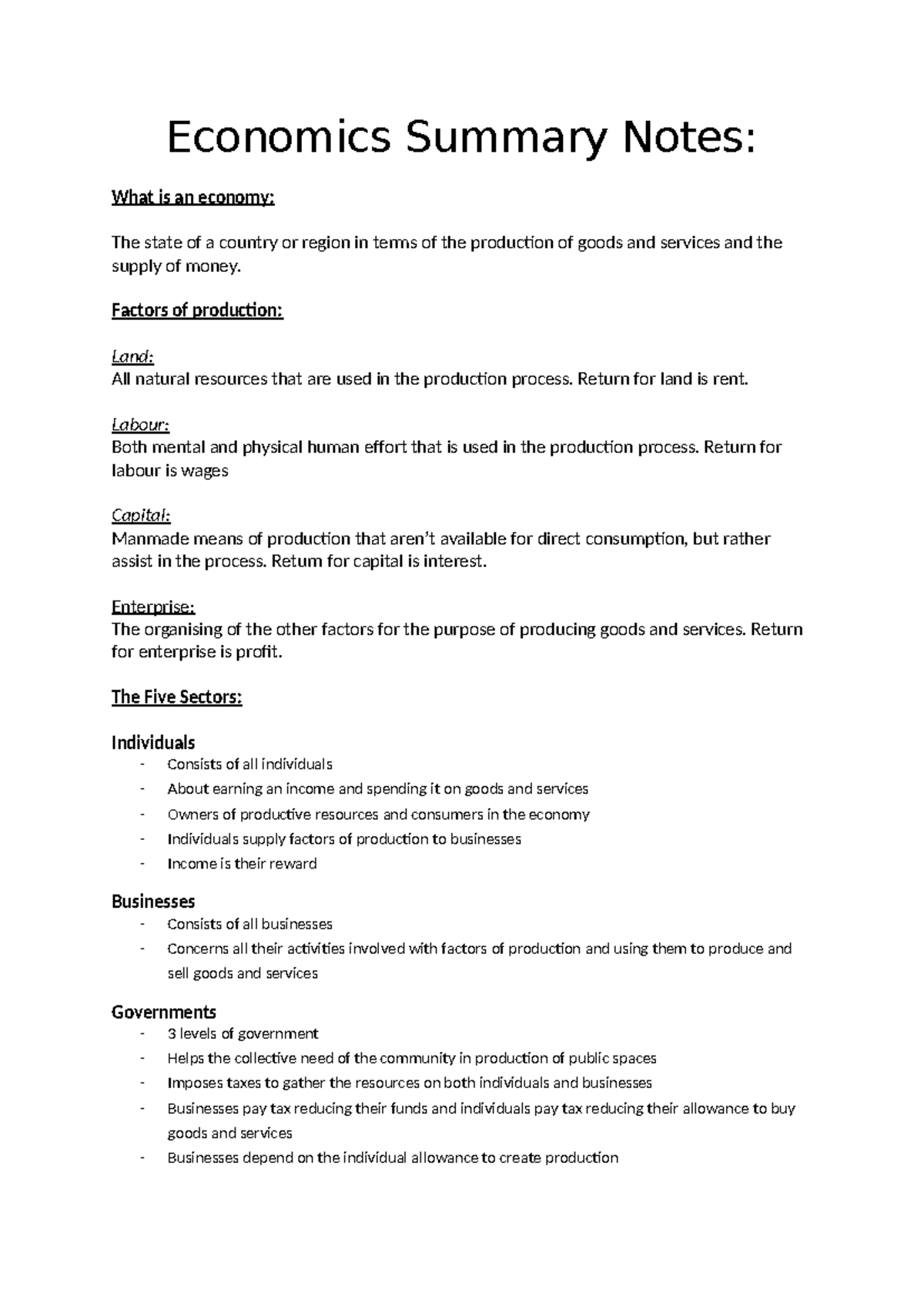 Eco Notes - Economics Summary Notes: What is an economy: The state of a ...
