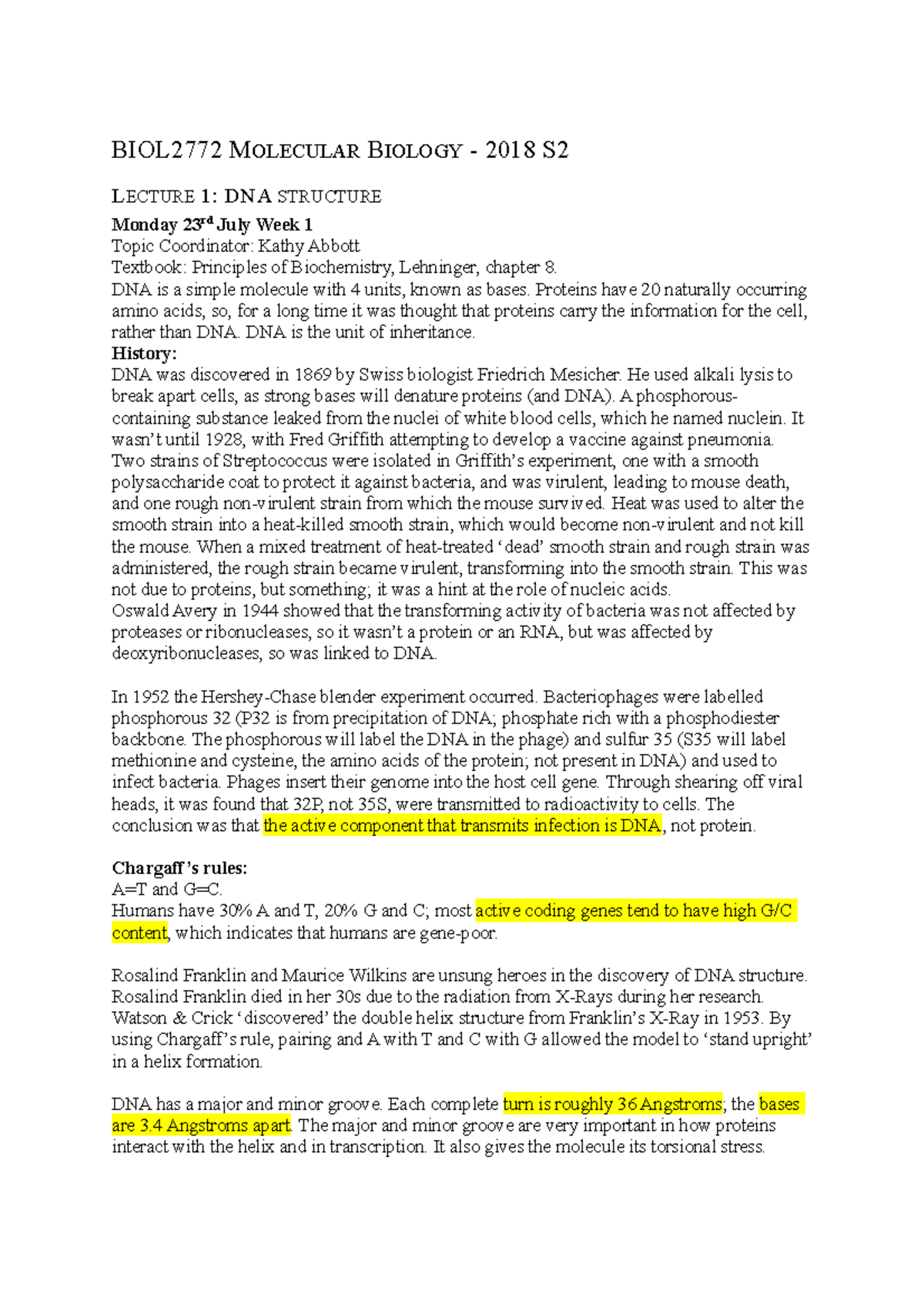 BIOL2772 lecture notes - BIOL2772 MOLECULAR BIOLOGY - 2018 S2 LECTURE 1 ...